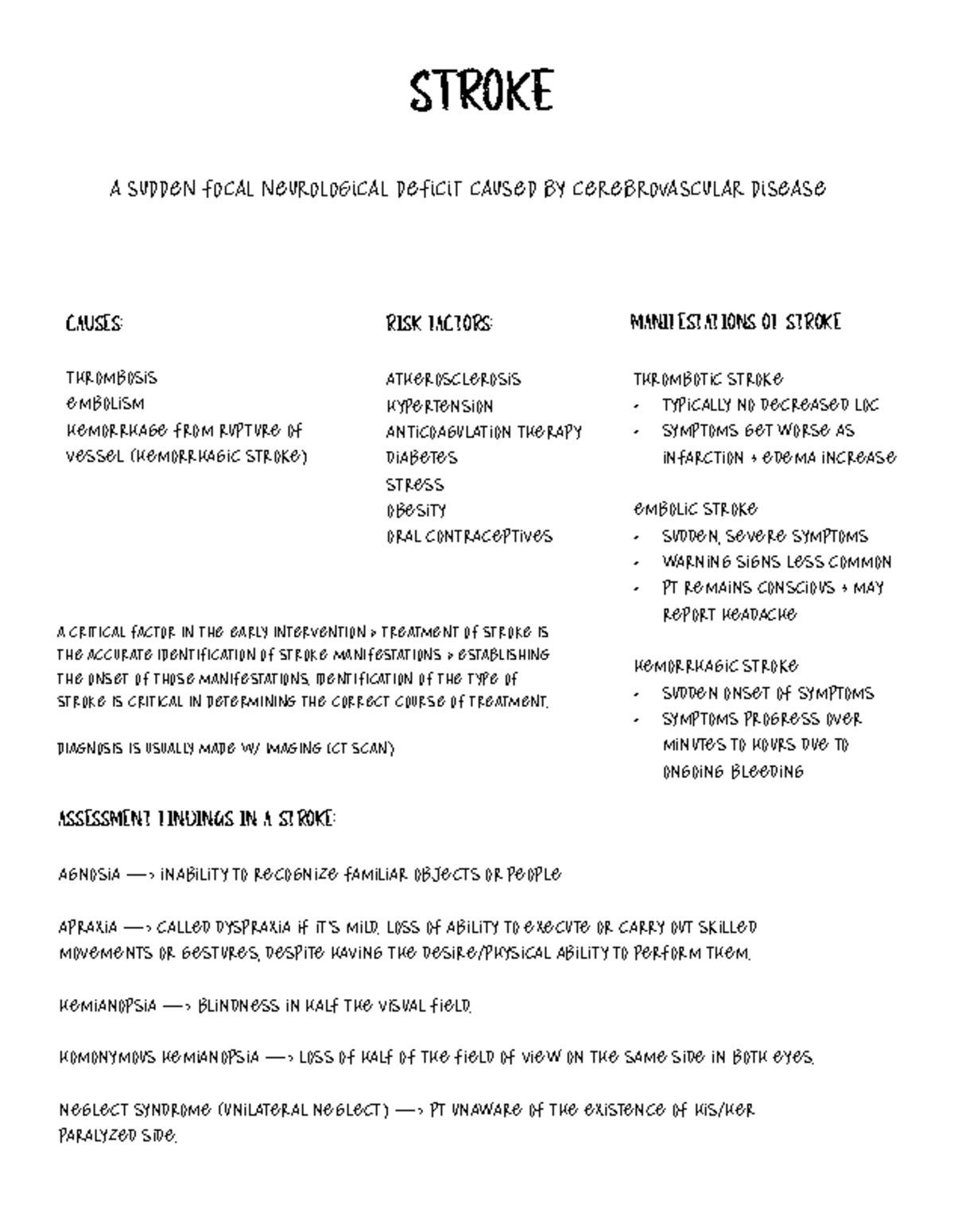 Stroke Notes - A SUDDEN FOCAL NEUROLOGICAL DEFICIT CAUSED BY ...