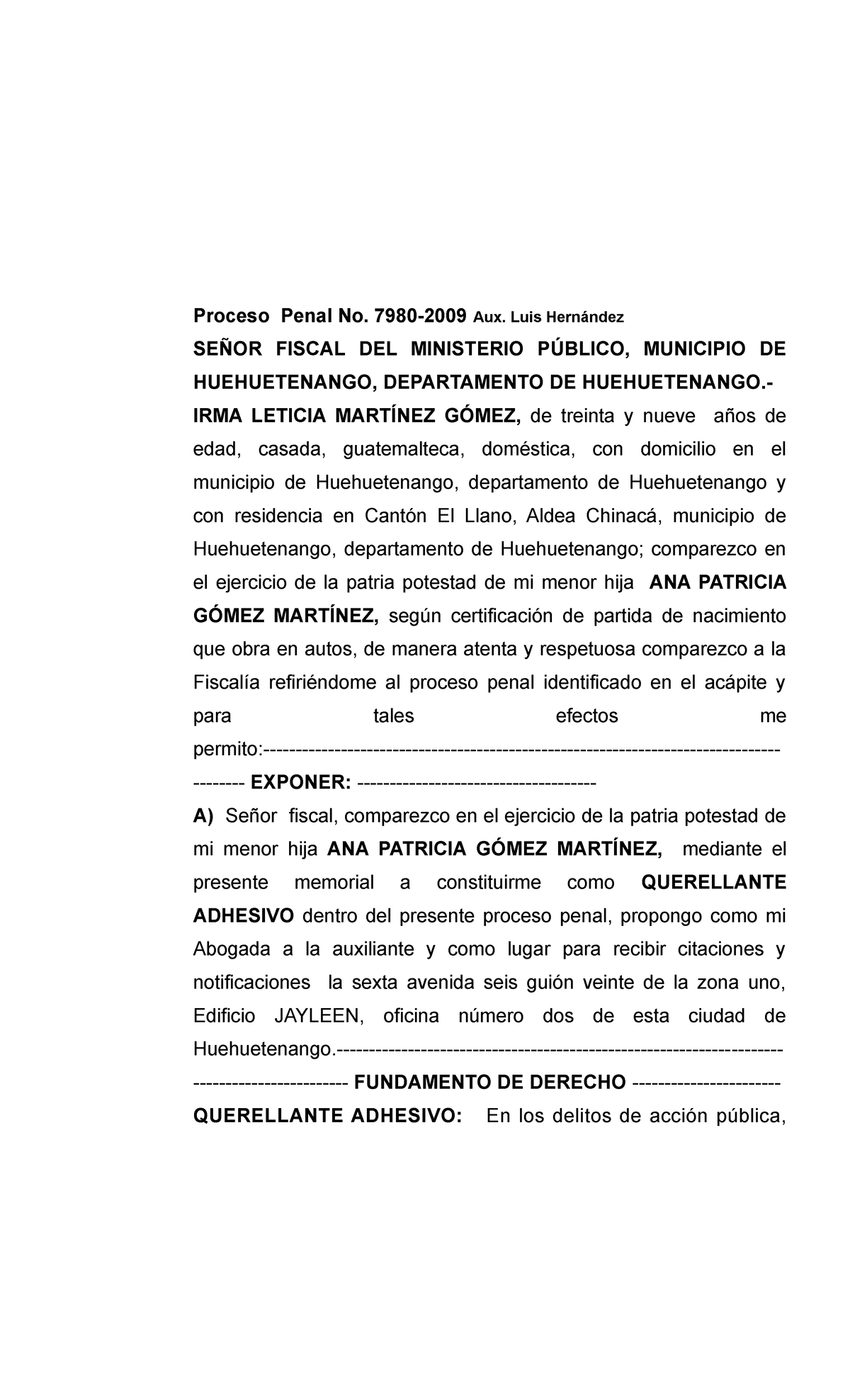 521091374 Memorial Querellante Adhesivo Proceso Penal No 7980 2009