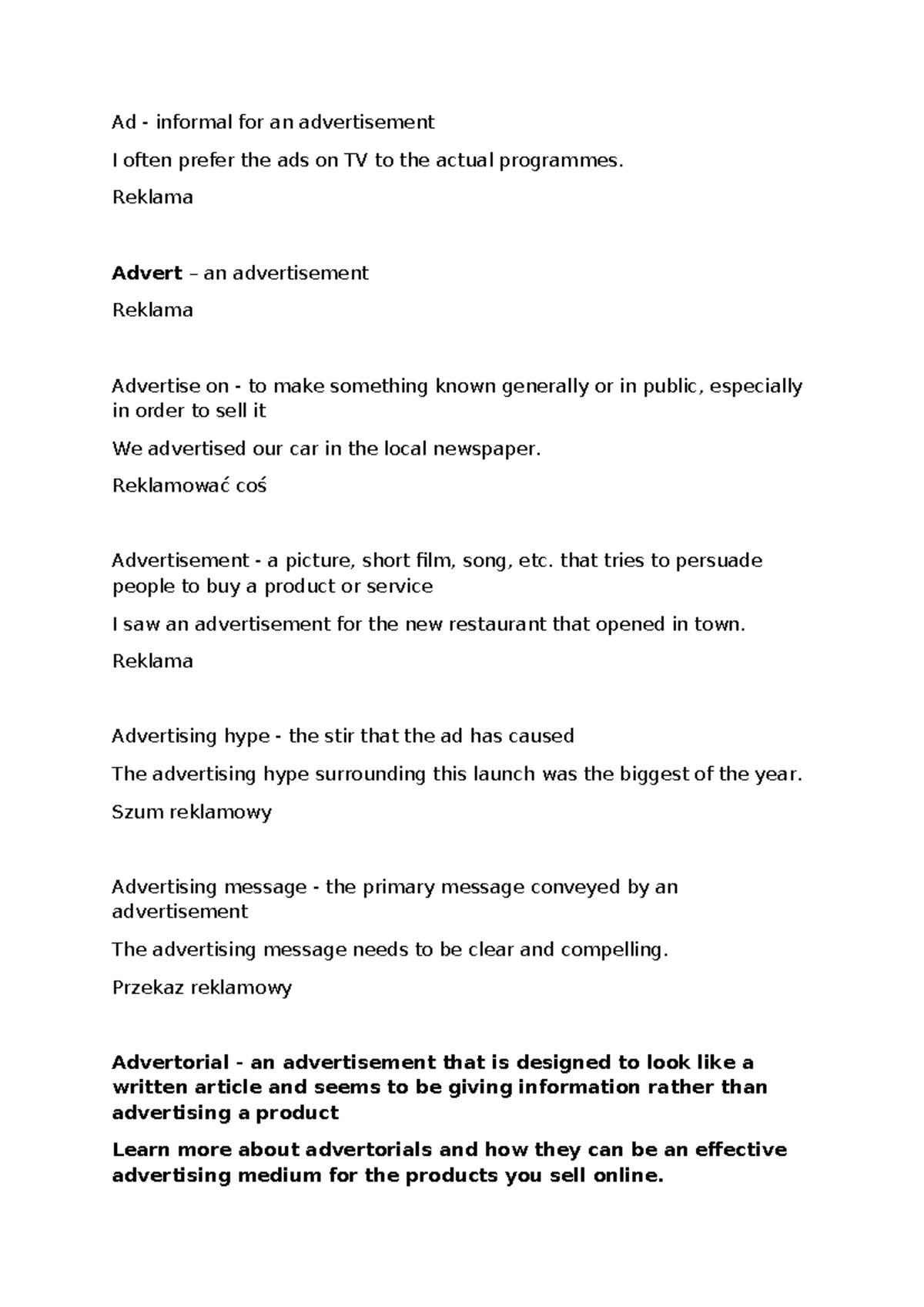 Advertising vocabulary - Ad - informal for an advertisement I often ...