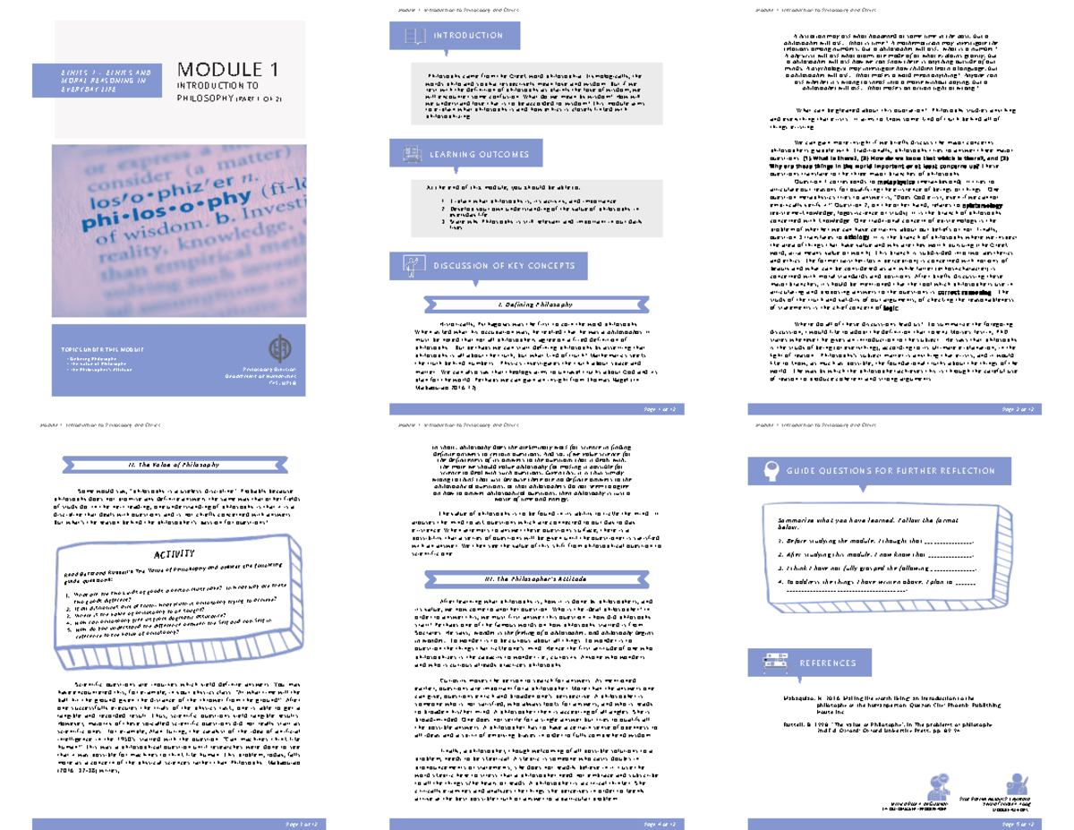 Module 1 - Introduction to Philosophy and Ethics - E T H I C S 1 – E T H I C S A N D M O R A L R ...