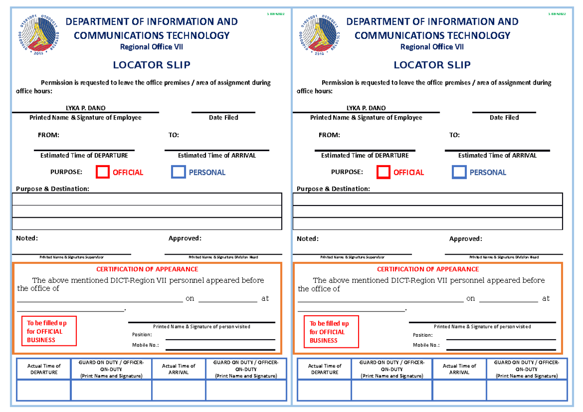 DICT- Locator-Slip2 - LOCATOR - S. 08162022 DEPARTMENT OF INFORMATION ...