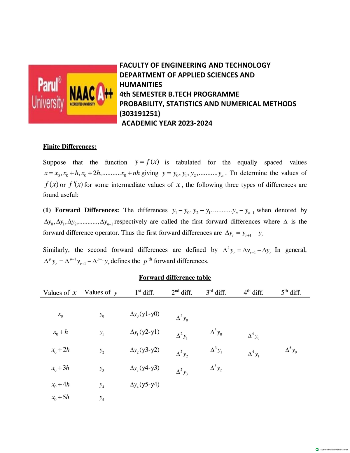 Unit 5 Finite Difference & Interpolation - Discrete Mathematics - Studocu