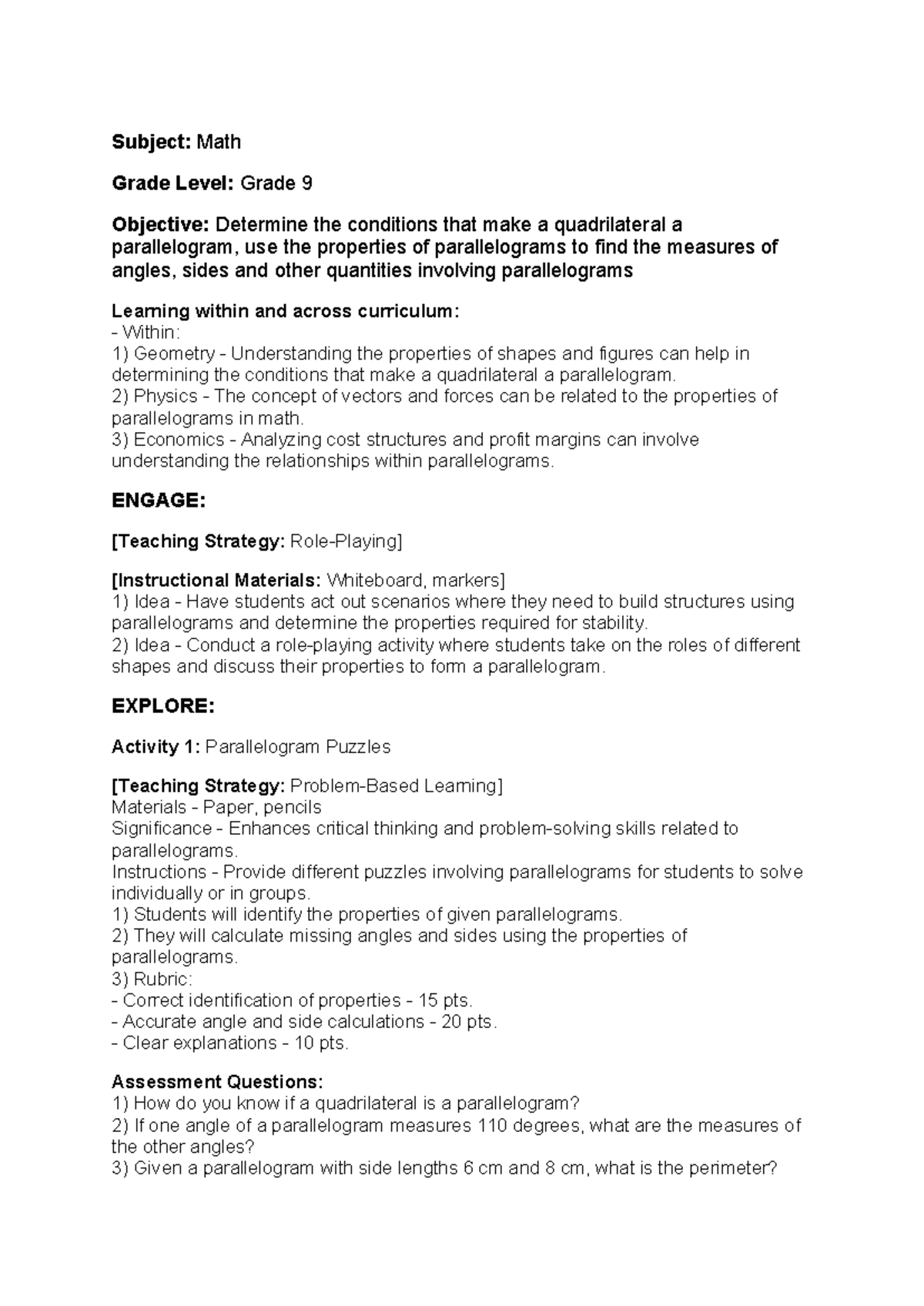 Lesson plan - Subject: Math Grade Level: Grade 9 Objective: Determine ...