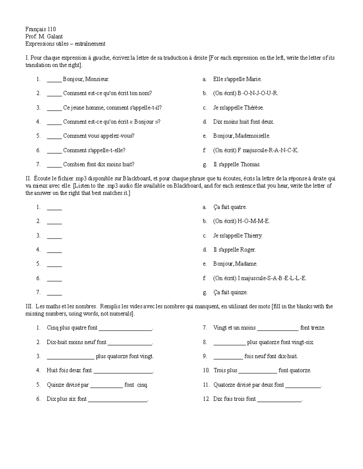 Ch0 02 expr utiles entrn stud 061020 - Français 110 Prof. M. Galant ...