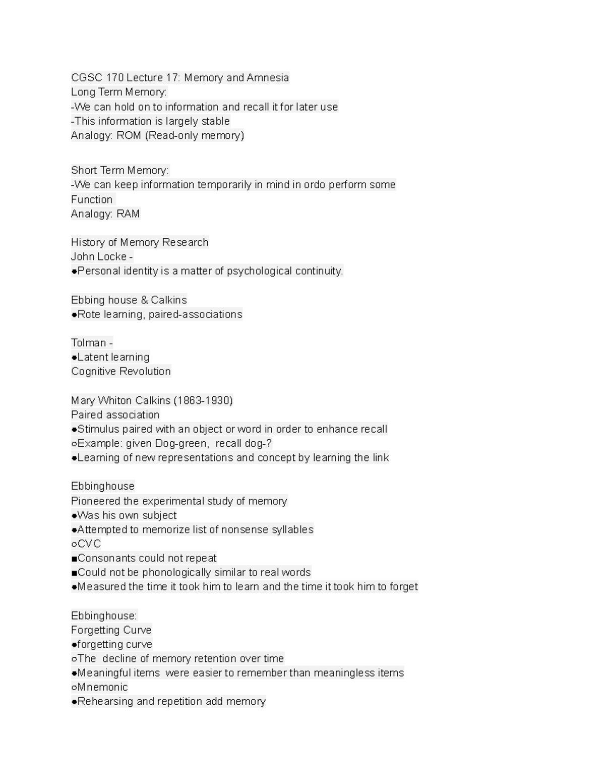 CGSC 170 Lecture 17: Memory and Amnesia - Studocu