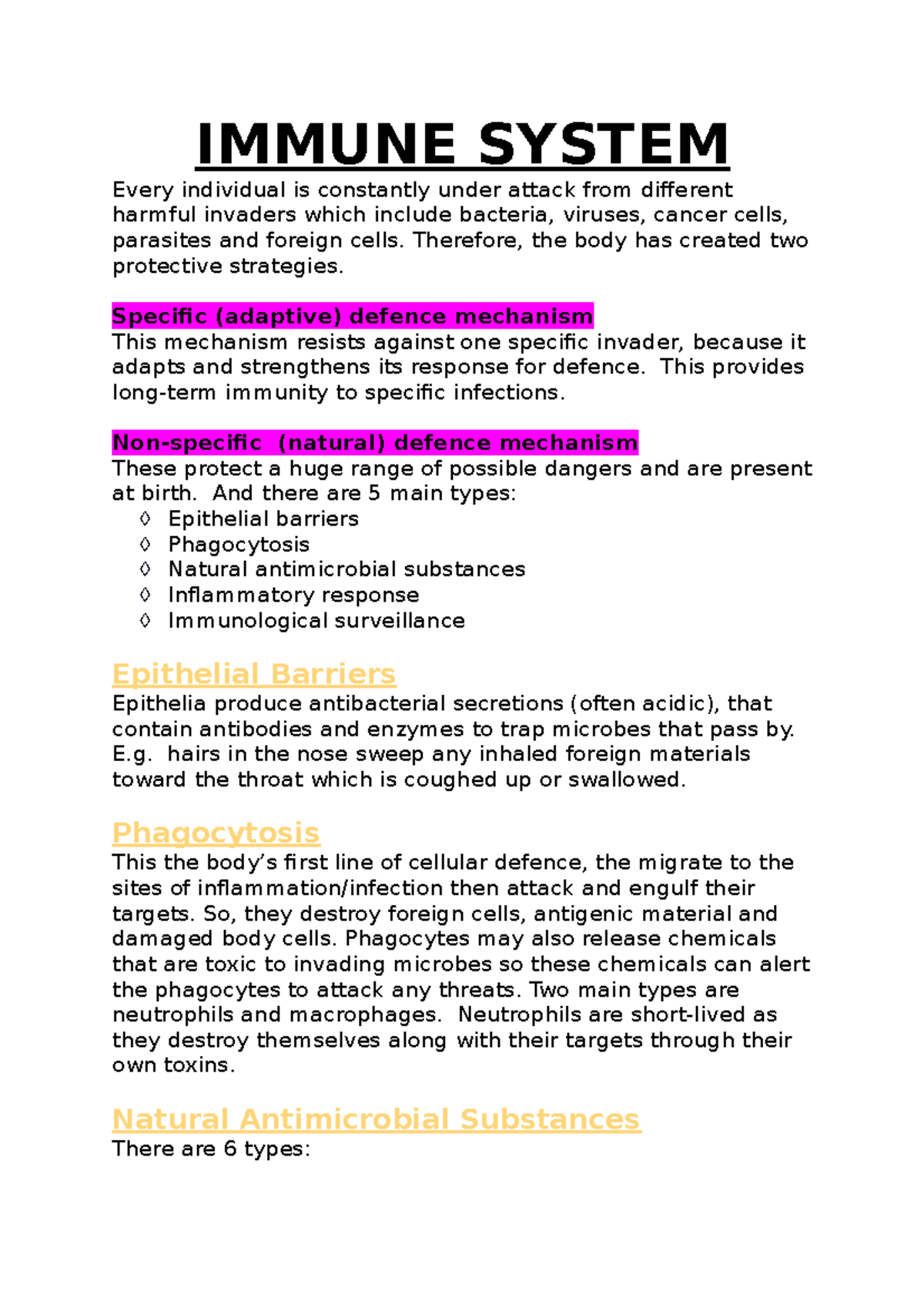 Immune System - Notes from Ross&Wilson 13th Edition textbook and some ...