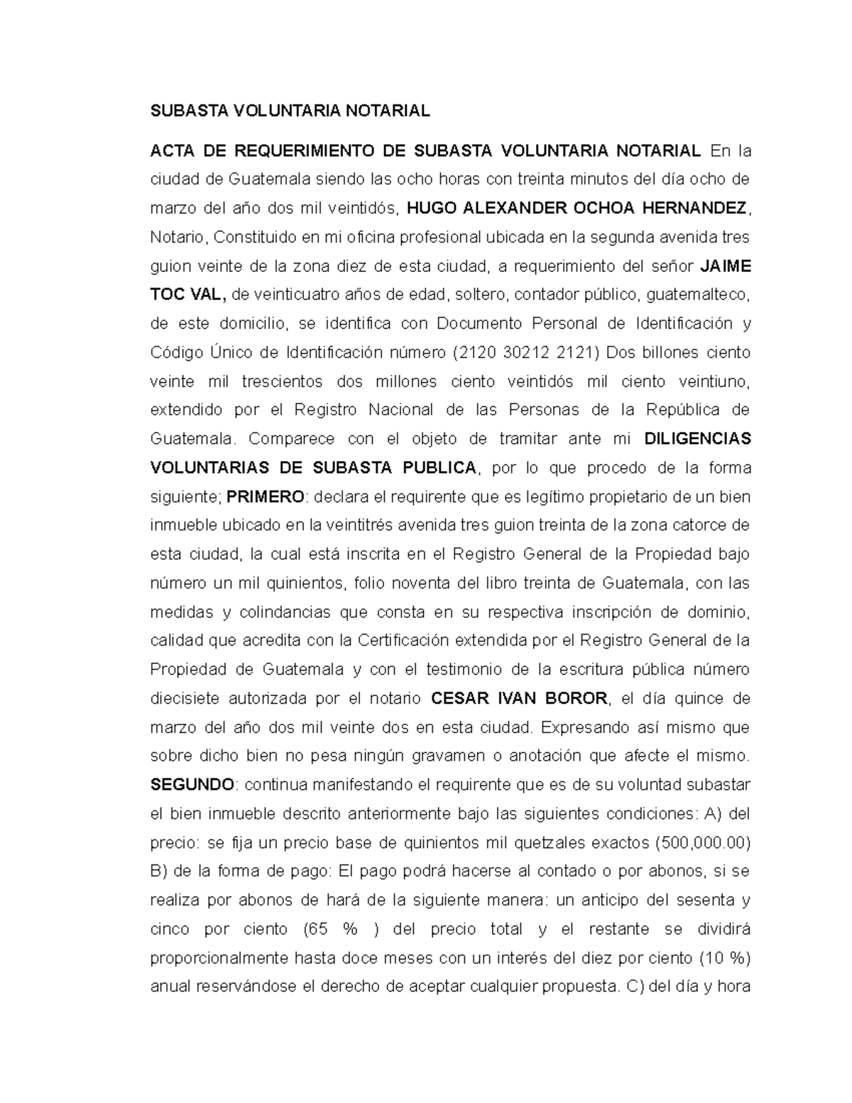 05 memorial de subasta 8a - SUBASTA VOLUNTARIA NOTARIAL ACTA DE ...