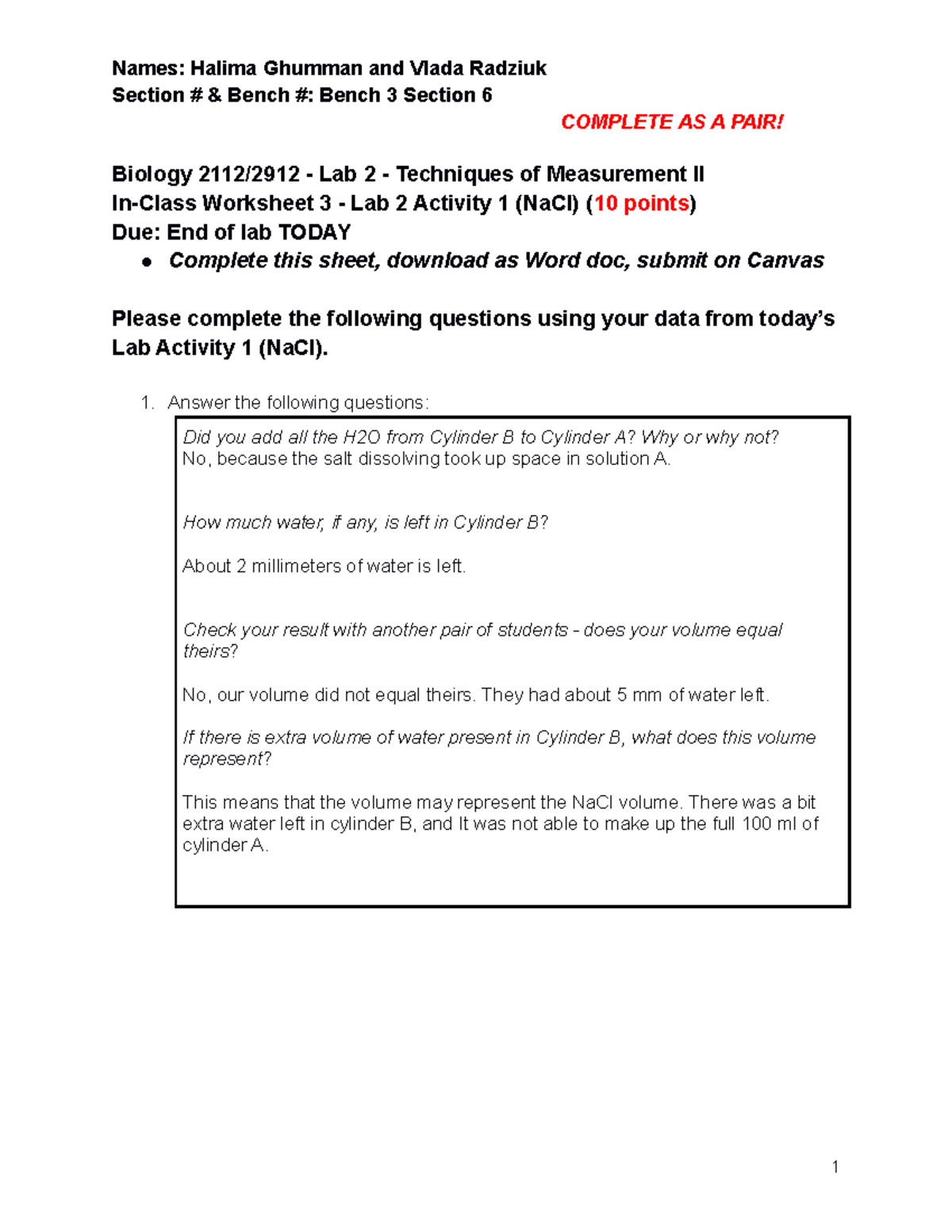 Bio 2112 in class ws lab 2 - Section # & Bench #: Bench 3 Section 6 ...