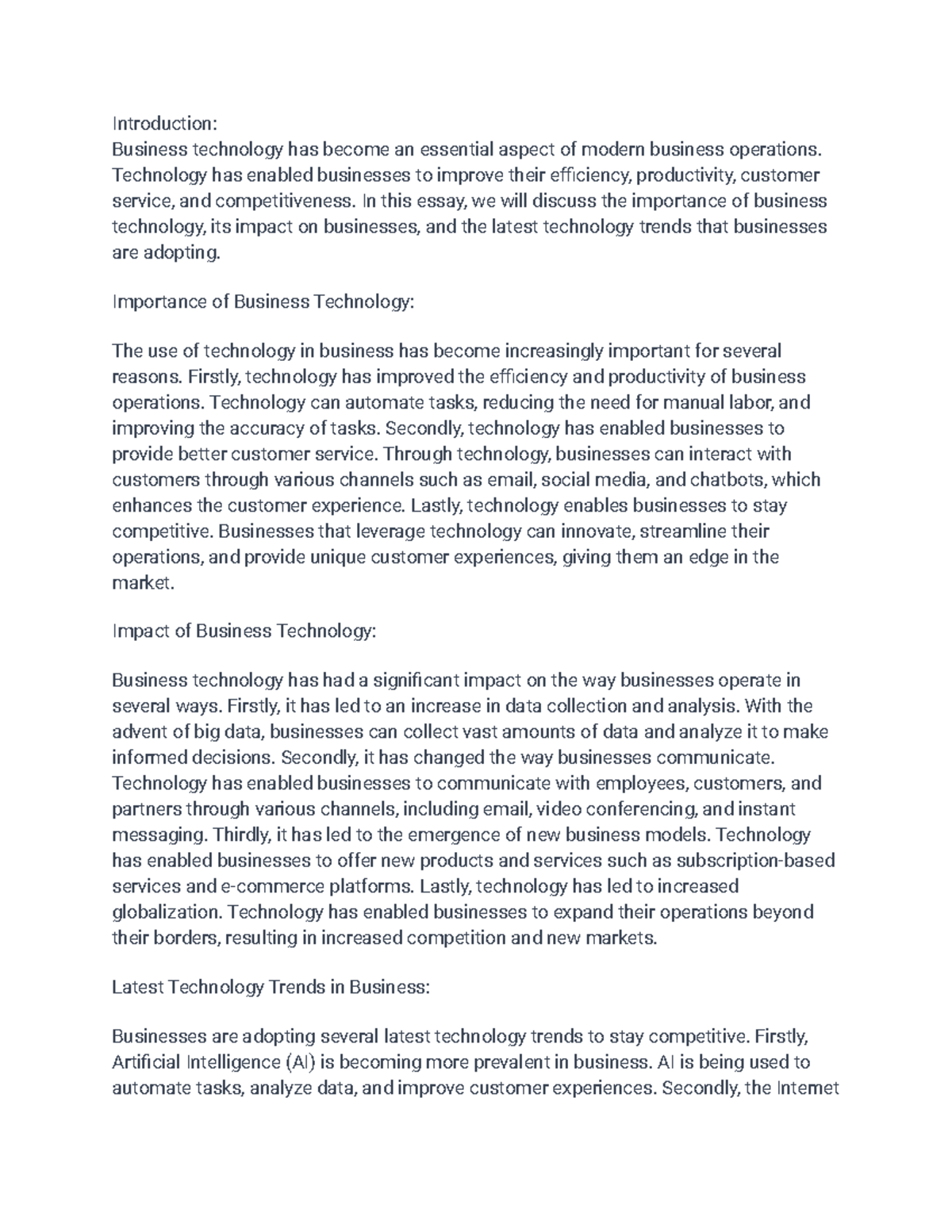 Business tech essay - Introduction: Business technology has become an ...