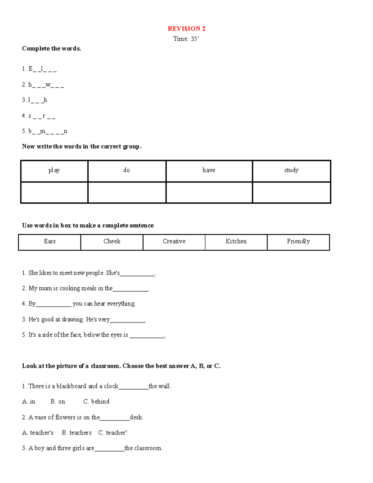 Revision 2 - gbv - REVISION 2 Time: 35’ Complete the words. E_ l _ _ h ...