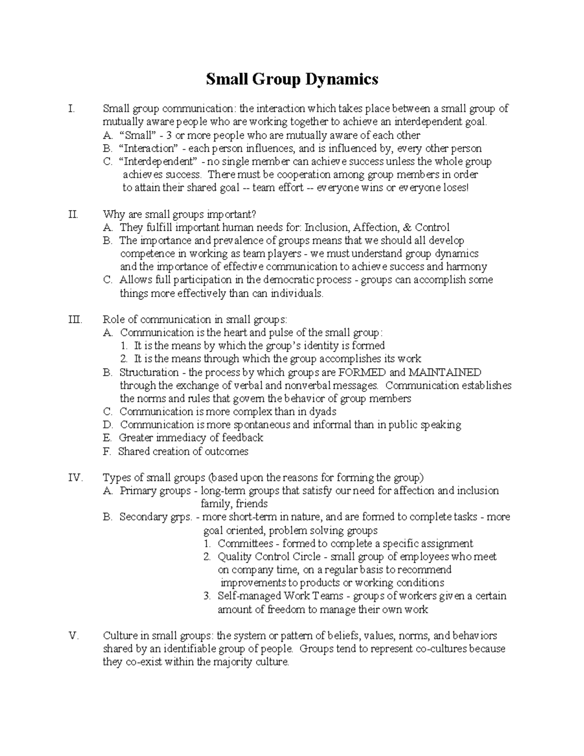 Small group dynamics notes - Small Group Dynamics I. Small group ...
