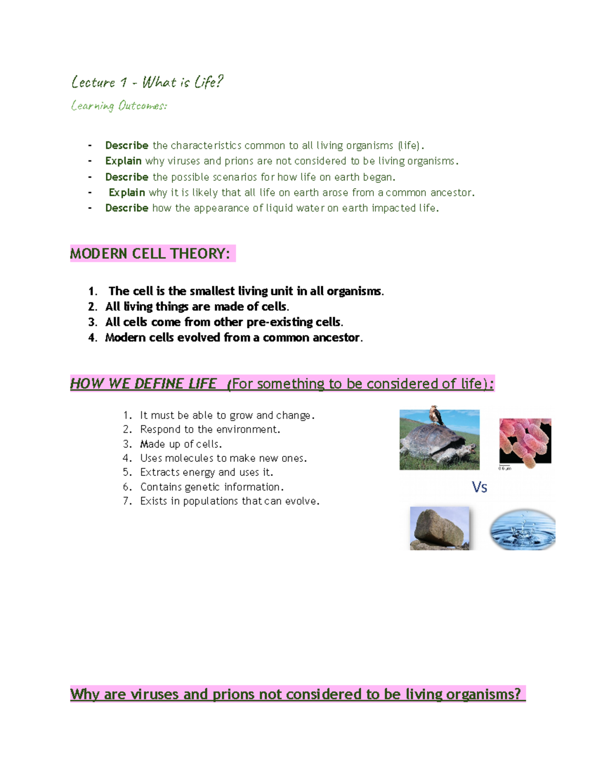 Biom & Cells - Modules 1-6 - Lecture 1 - What is Life? Learning ...