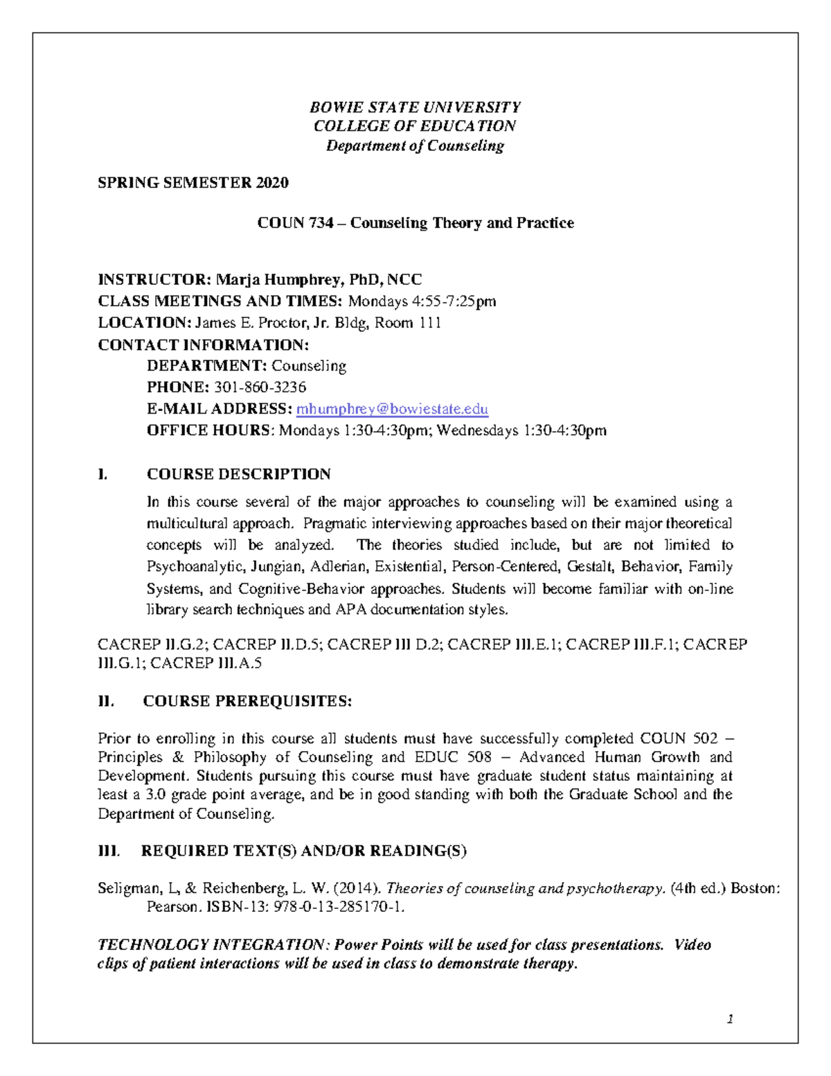 COUN 734 Syllabus Spring 2020 - Warning: TT: undefined function: 32 BOWIE STATE UNIVERSITY ...