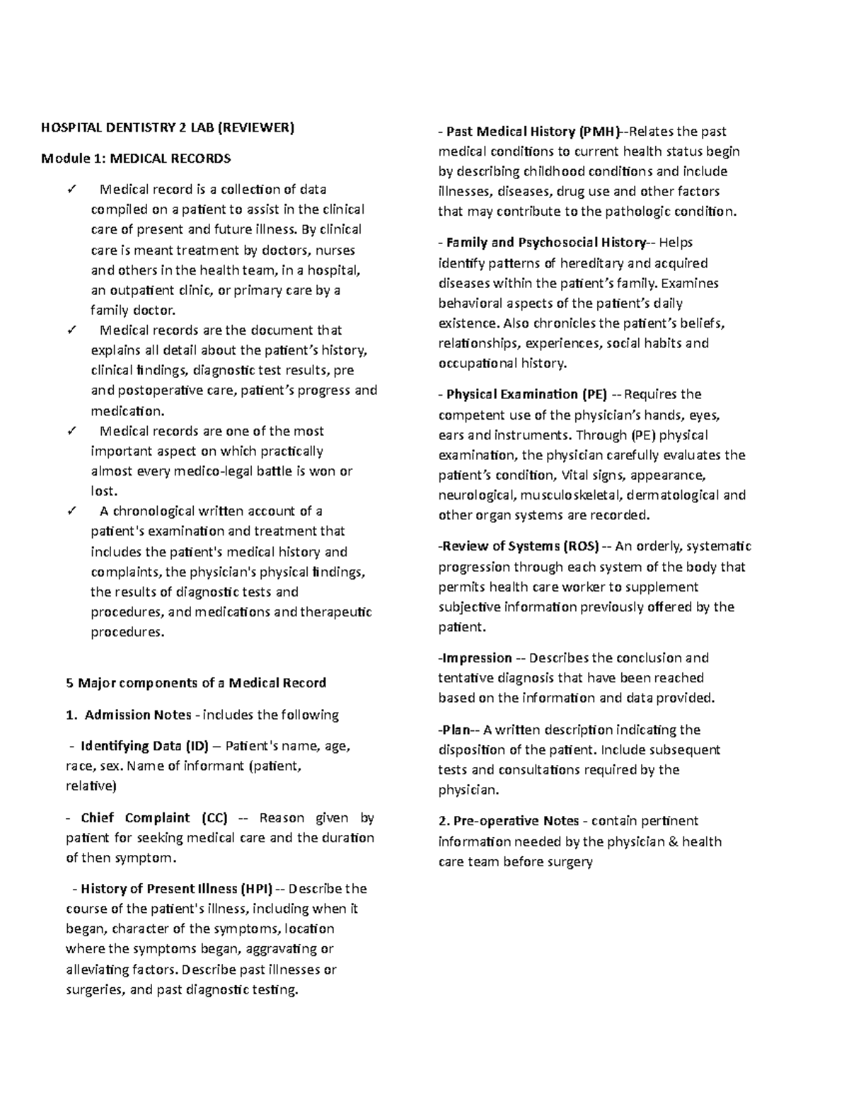 Hospital Dentistry Reviewer - HOSPITAL DENTISTRY 2 LAB (REVIEWER ...