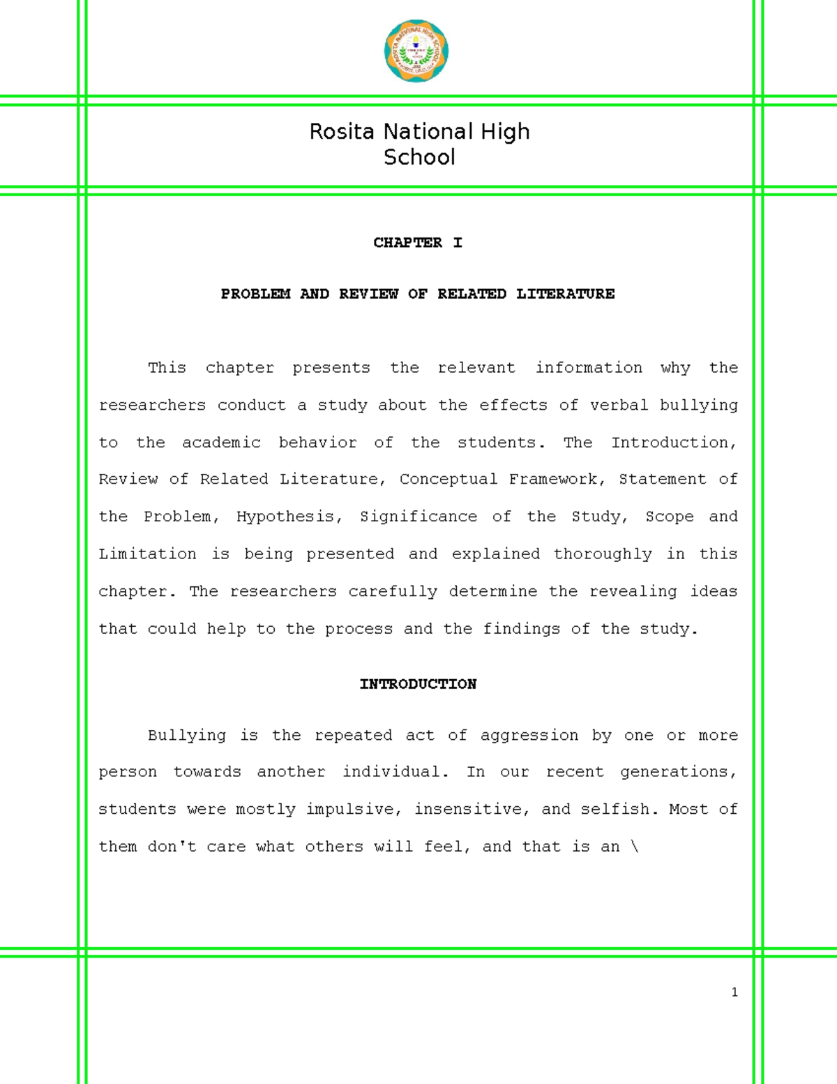 Group 1 Chapter 1 TO 3 - Verbal bullying towards academic behavior ...