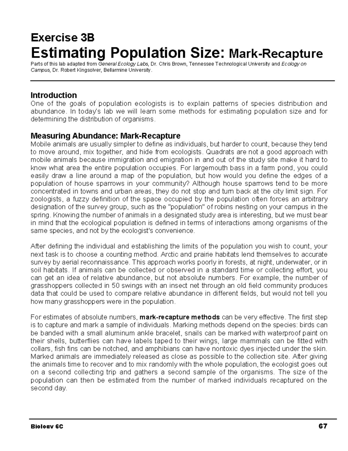 3b Estimating Population Size - Biology 6C 67 Exercise 3B Estimating ...