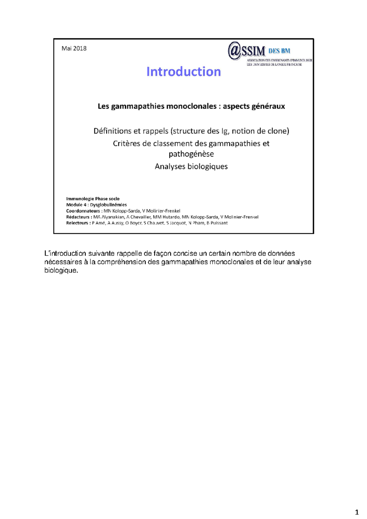 4.1 Introduction Gammapathies - L’introduction suivante rappelle de ...