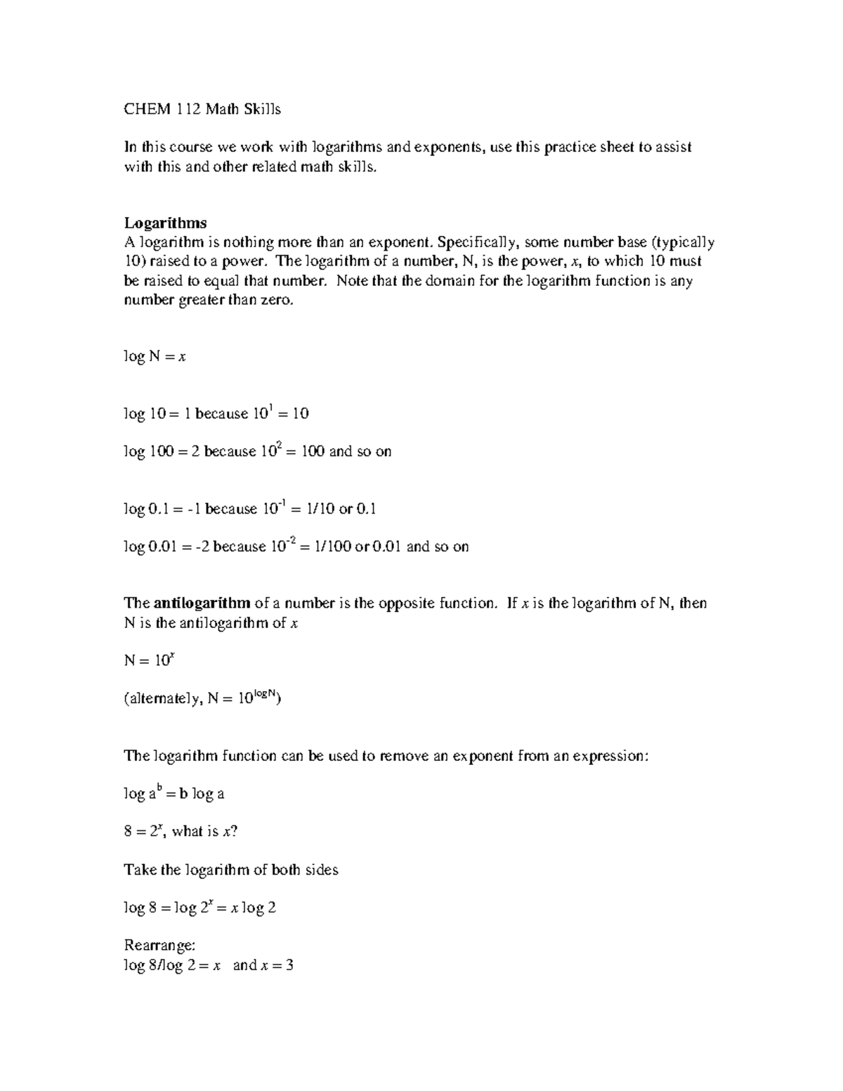 CHEM 112 Math Skills for chemistry prep - CHEM 112 Math Skills In this ...