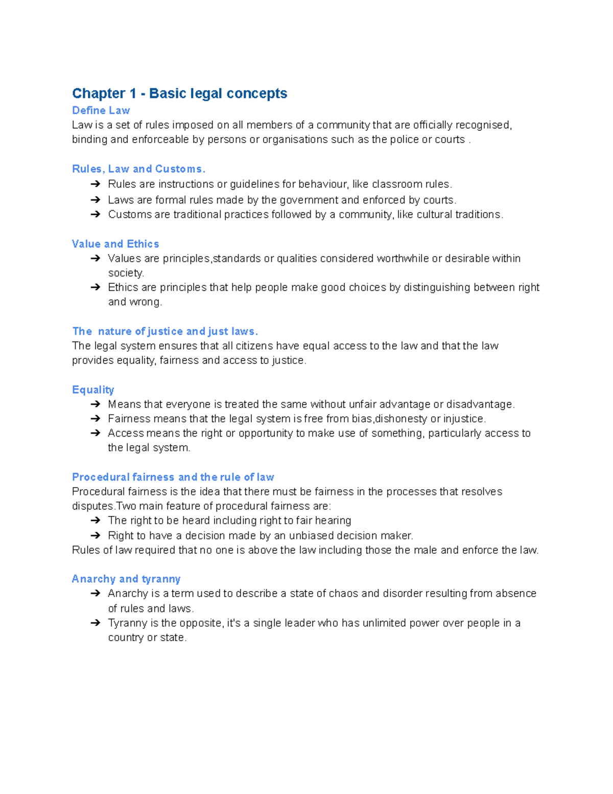 Legal Studies - Term 1 -Notes - Chapter 1 - Basic legal concepts Define ...