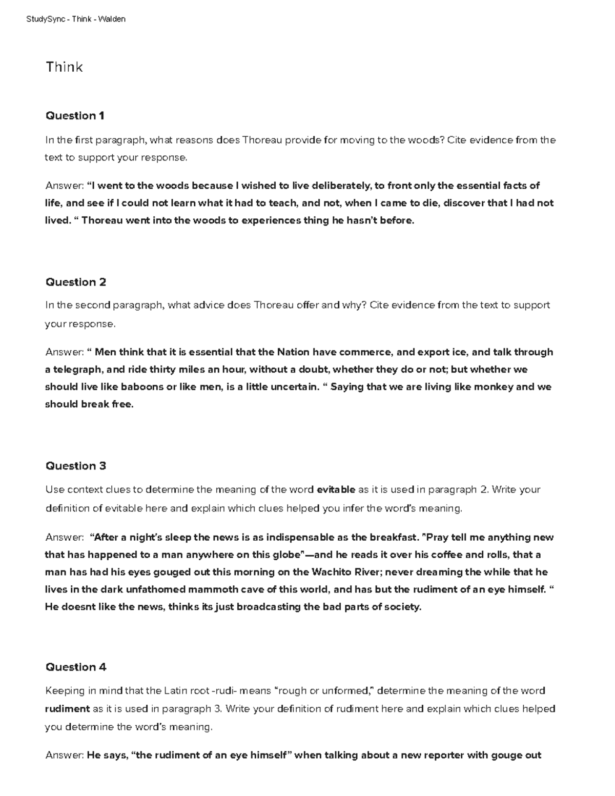 Walden Thinking Questions StudySync Think Walden Think Question 1