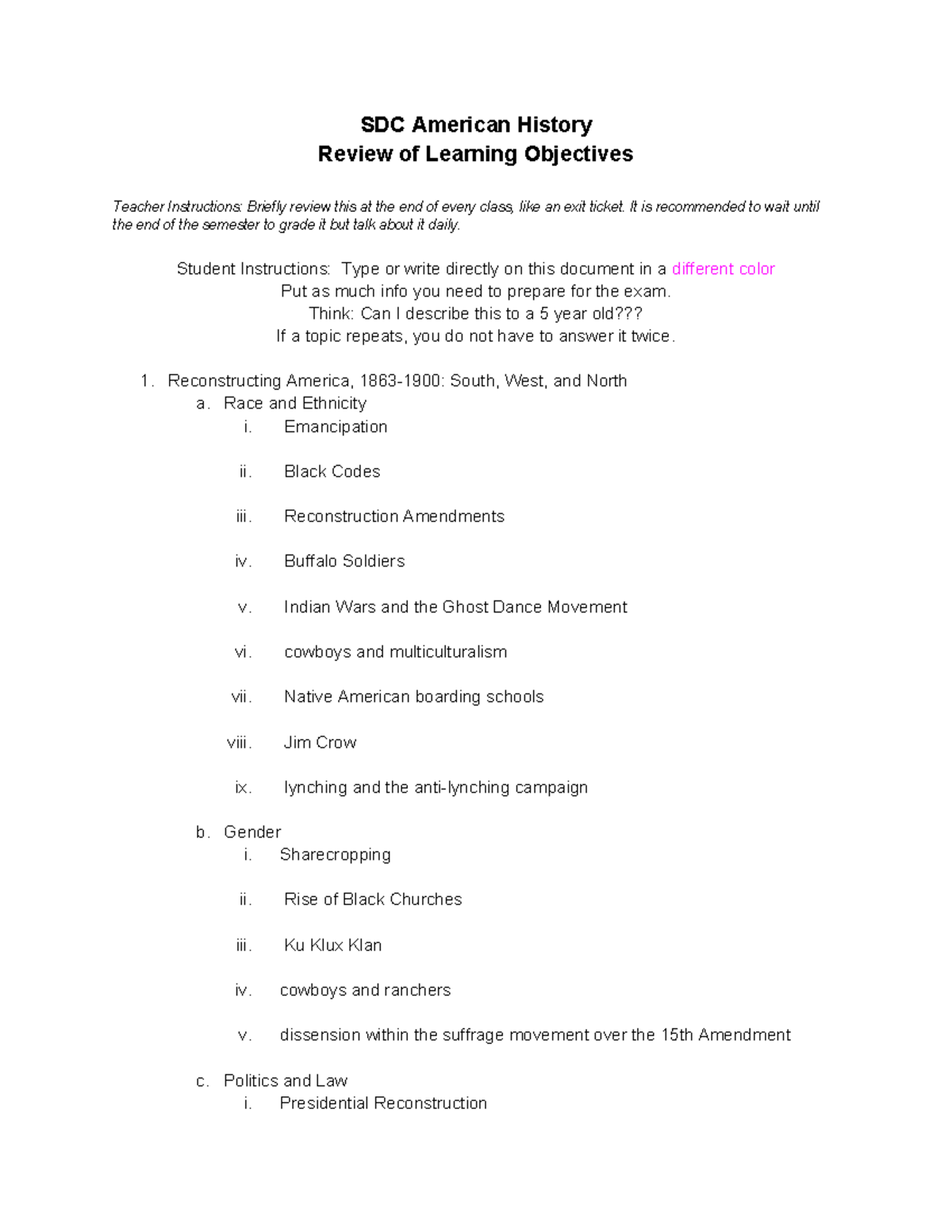 SDC American History II Review of Learning Objectives - SDC American ...