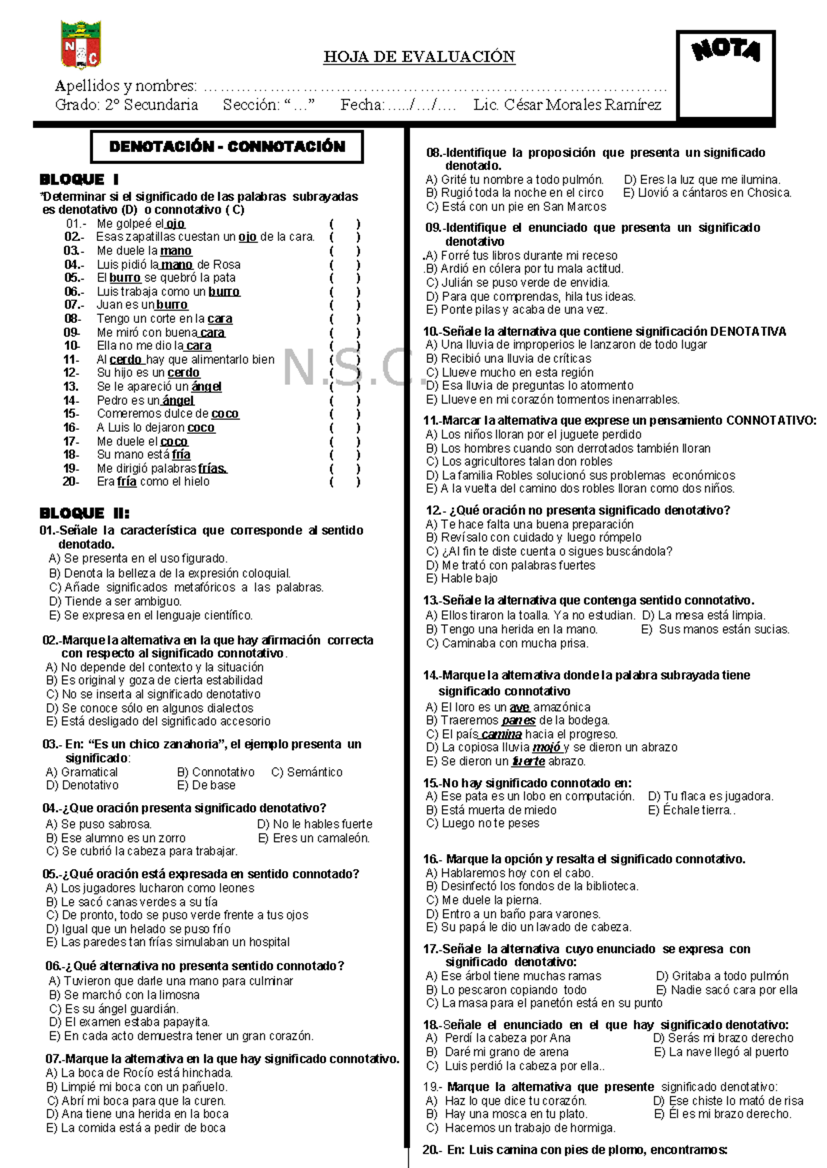 H.E. DEN- CON. - 2° - material didáctico - N.S. BLOQUE I *Determinar si ...