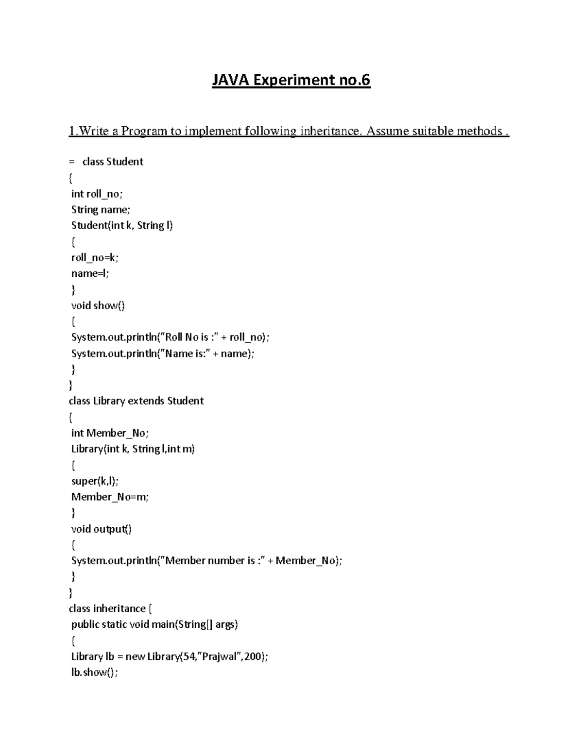 JAVA Experiment no - program - JAVA Experiment no. 1 a Program to implement following ...