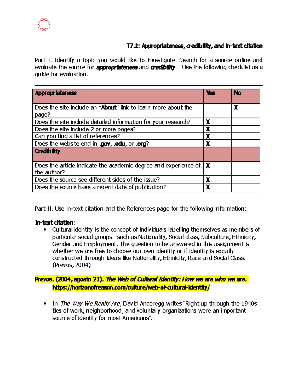 T7.2 Appropriateness credibility and in text citation - T7. 2 ...