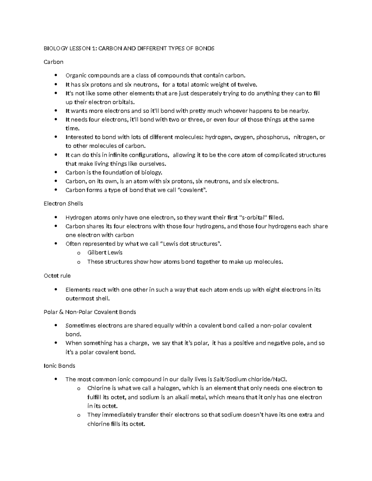 Biology Lesson 1 - BIOLOGY LESSON 1: CARBON AND DIFFERENT TYPES OF ...