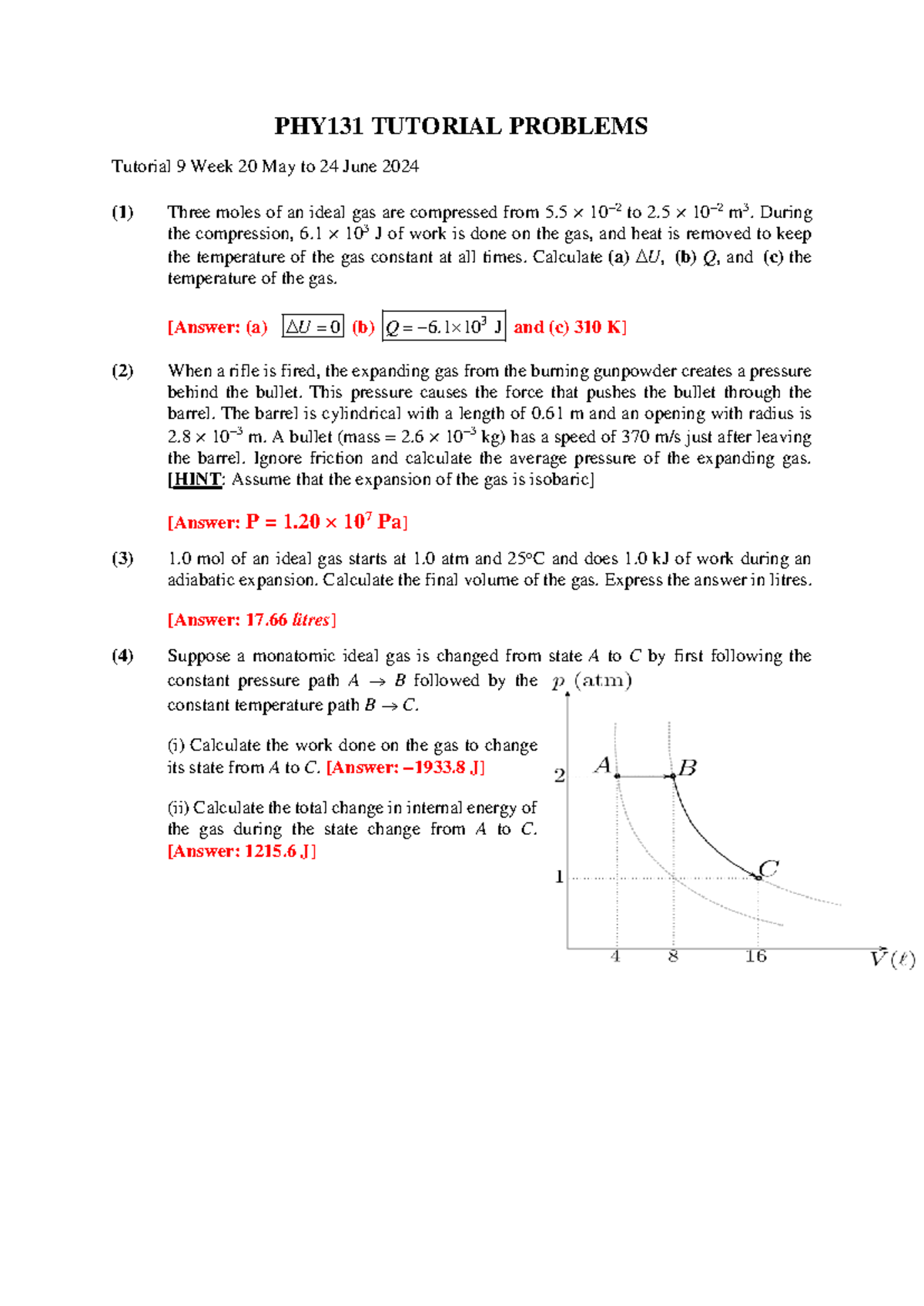 PHY131 Tutorial Problems 9 - 20 May - 24 May - PHY131 TUTORIAL PROBLEMS ...