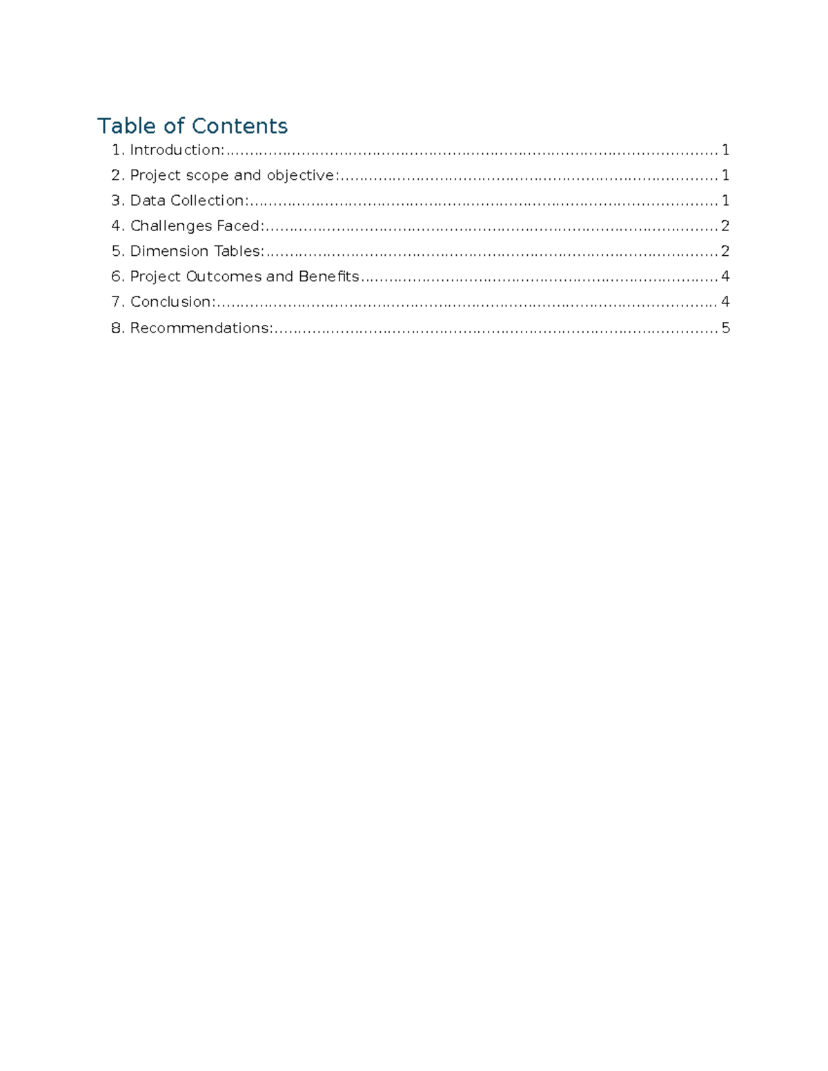 Project Report BI - Table of Contents - Studocu
