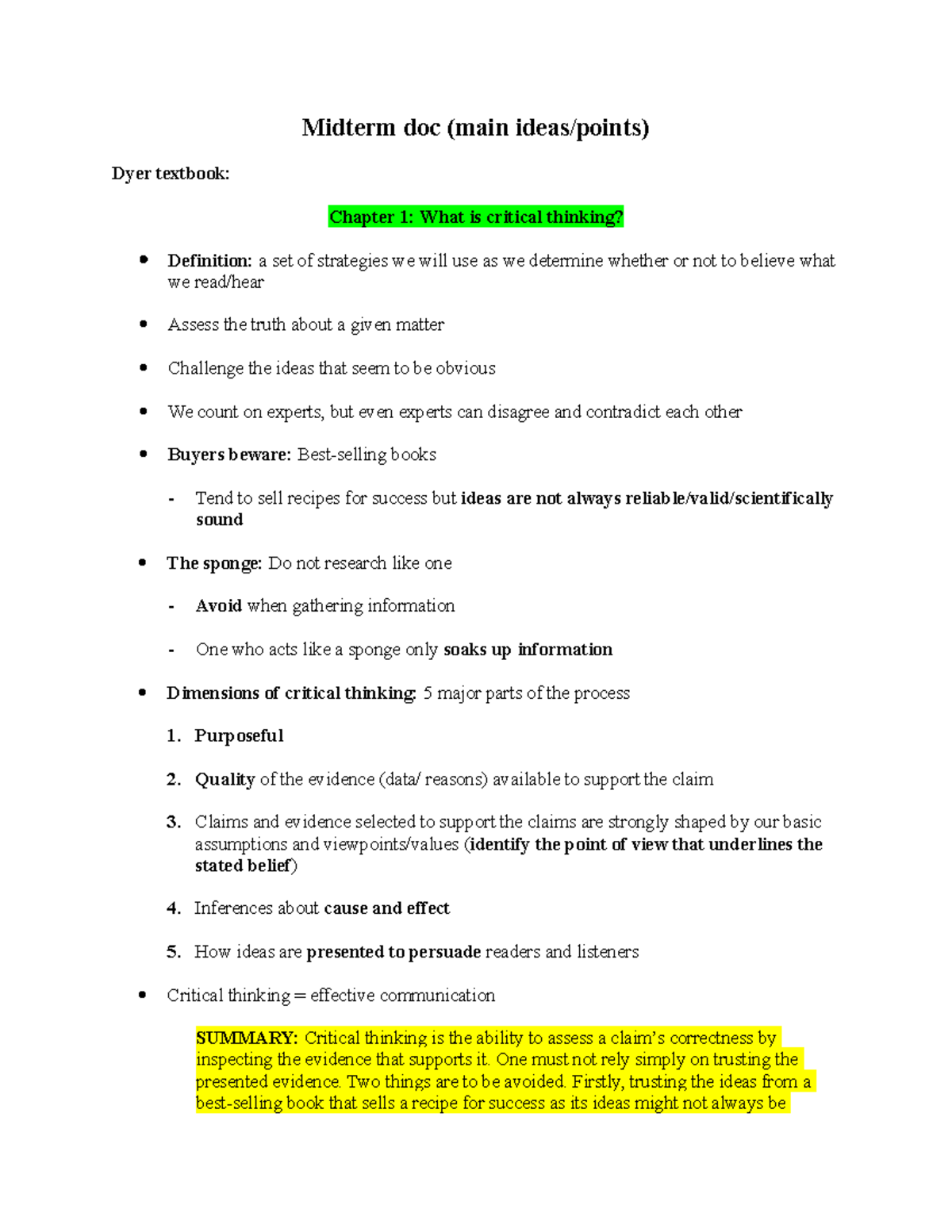 Midterm docs - 3rd edition - Midterm doc (main ideas/points) Dyer ...