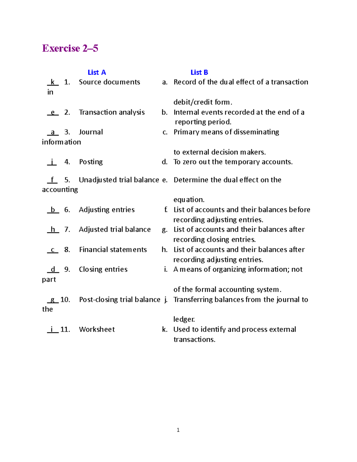 Chapter 2 self-study question solutions - Exercise 2– List A List B k 1 ...
