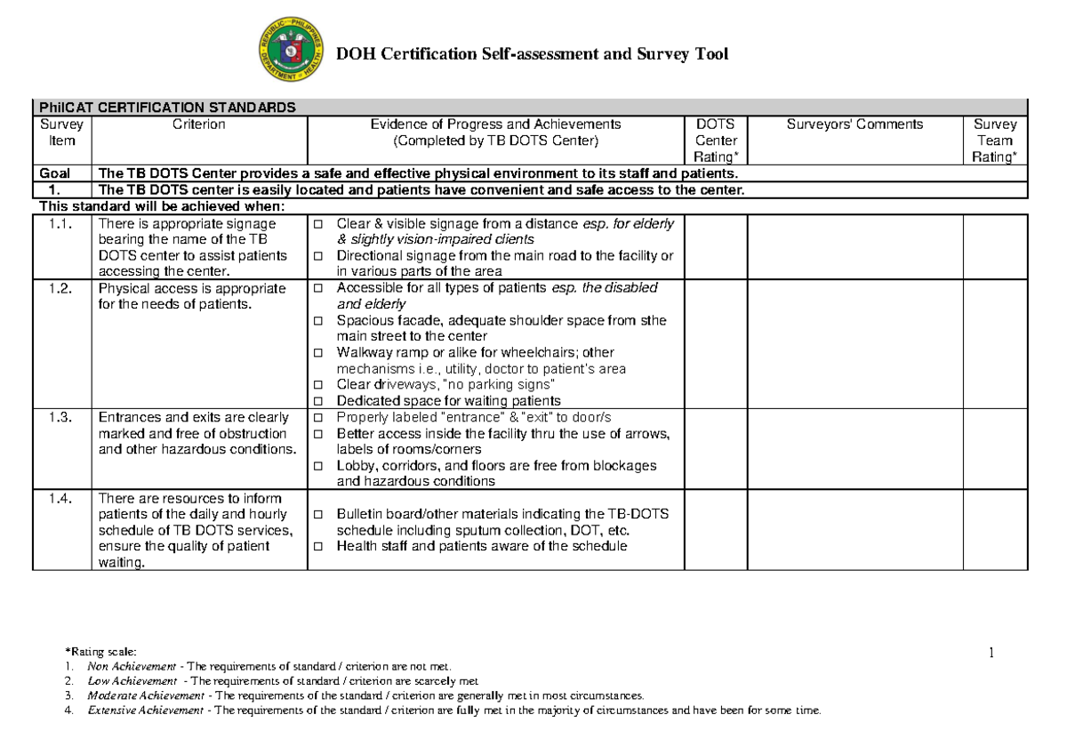 Self Assessment Form - *Rating scale: Non Achievement - The ...