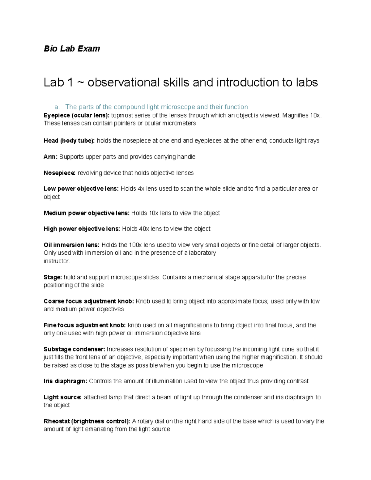 Bio Lab Exam - Labs 1-9 review - Bio Lab Exam Lab 1 ~ observational ...