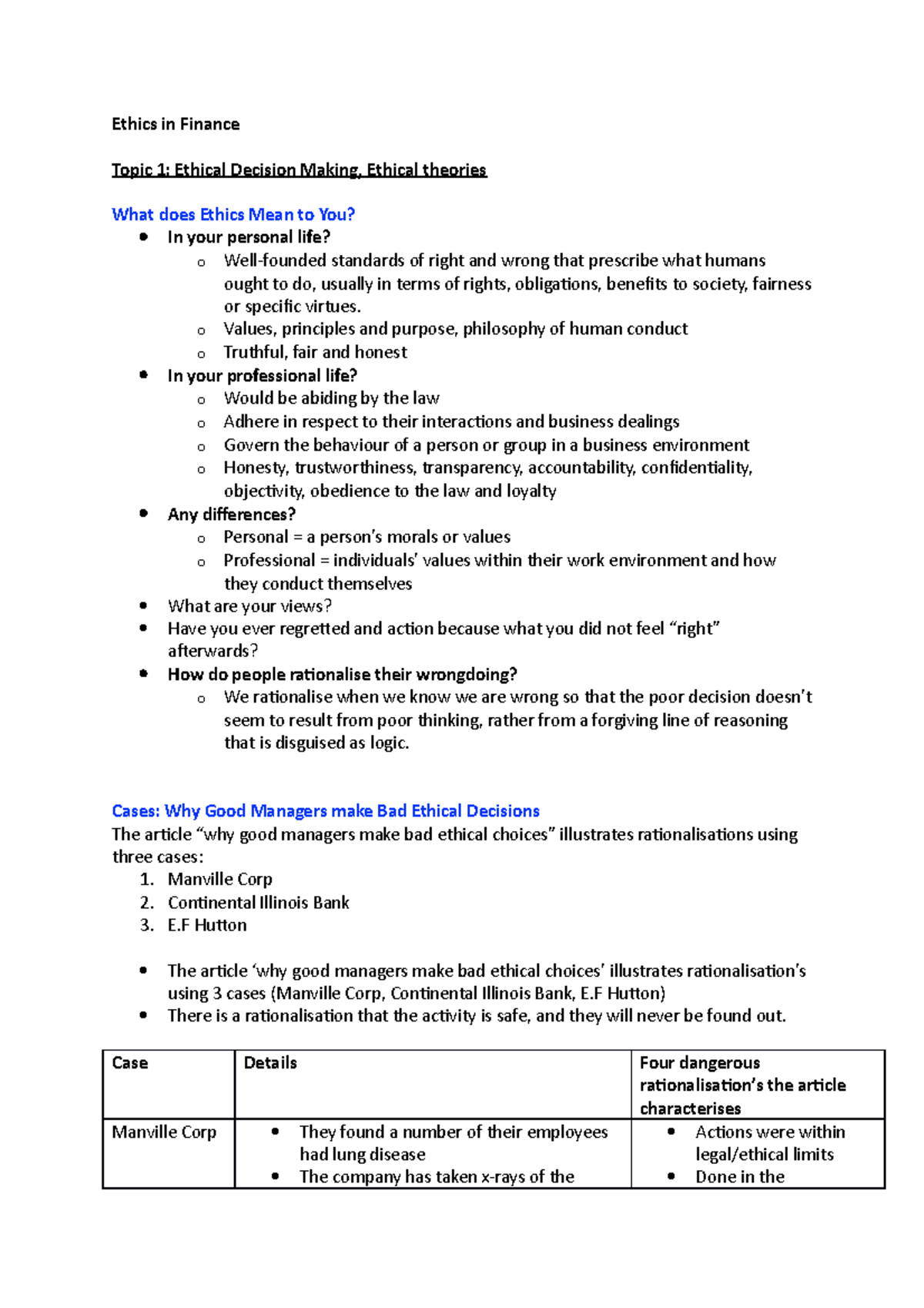 Ethics in Finance - notes - Ethics in Finance Topic 1: Ethical Decision ...