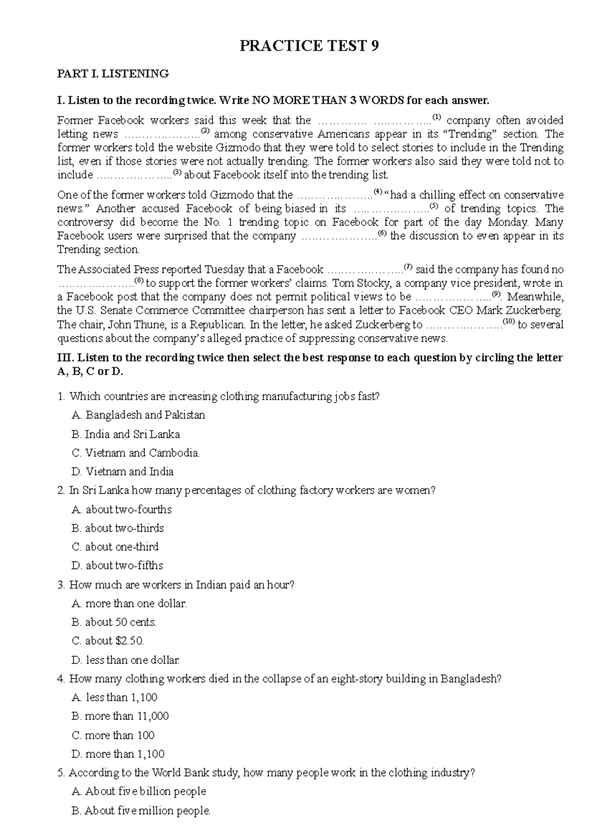 Pr9 - Hiillejn - PRACTICE TEST 9 PART I. LISTENING I. Listen to the ...