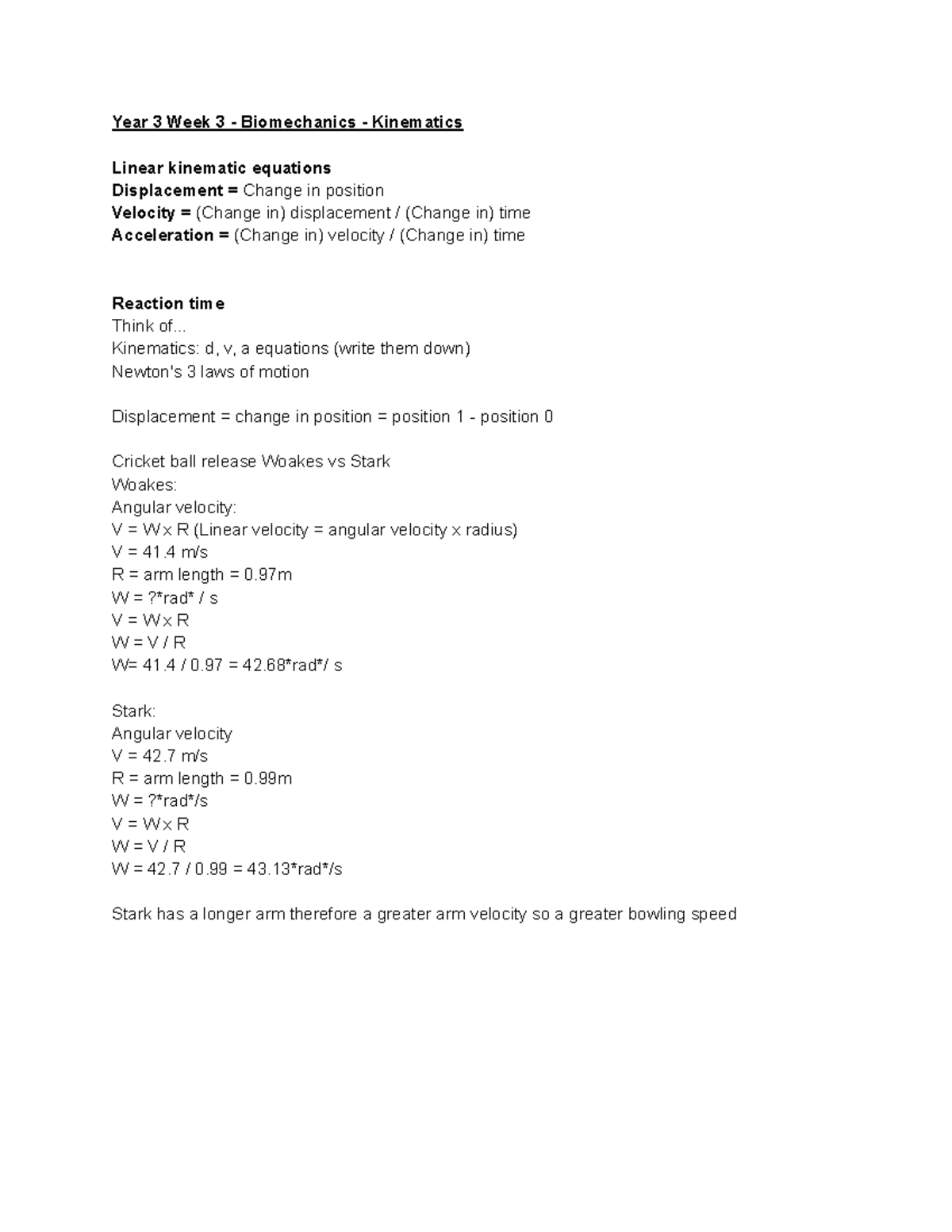 Y3 W3 - Biomechanics - Kinematics - Year 3 Week 3 - Biomechanics - Kinematics Linear kinematic ...
