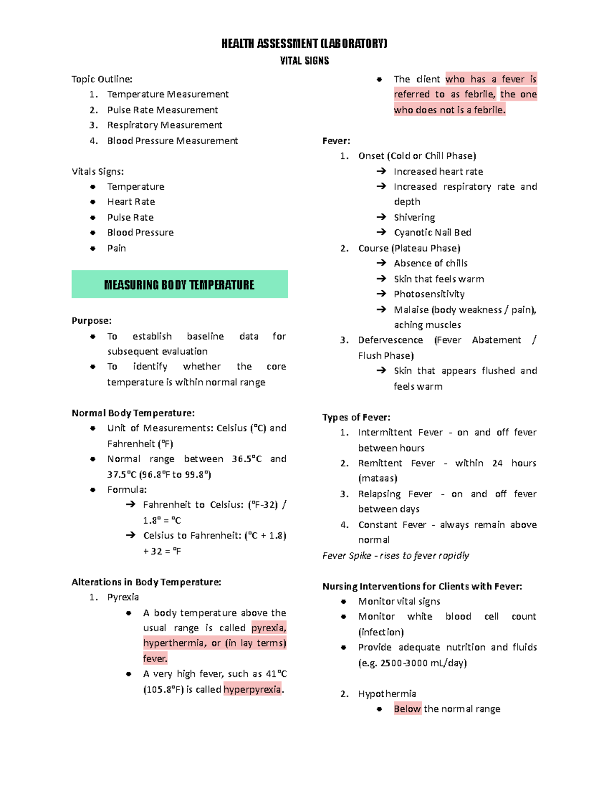 Vital-Signs - LAB lecture of Vital Signs - HEALTH ASSESSMENT ...