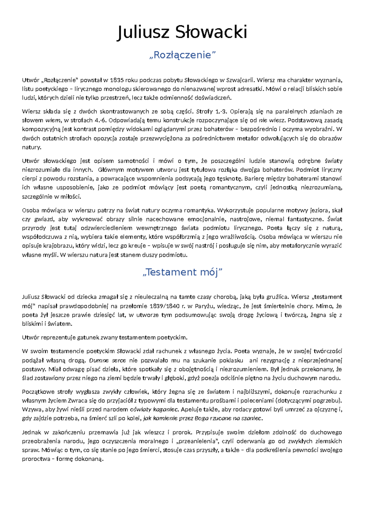 Juliusz Słowacki - Juliusz Słowacki „Rozłączenie” Utwór „Rozłączenie ...