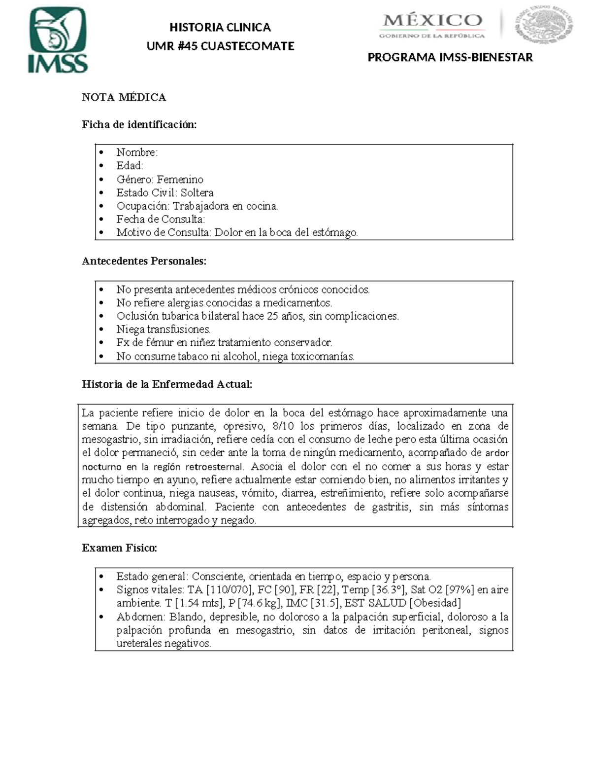 Ejemplo NOTA Medica Dolor DE Estomago - PROGRAMA IMSS-BIENESTAR ...