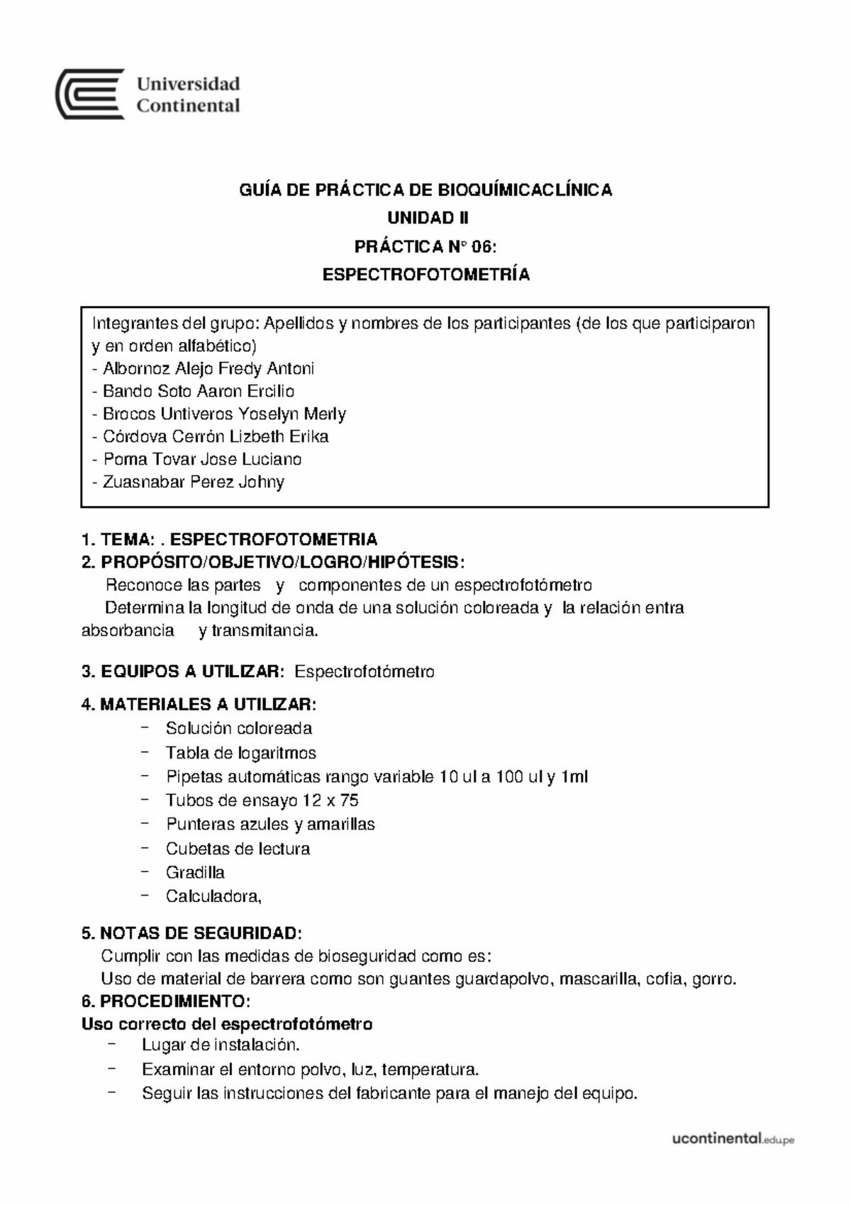 GUÍA Pract 6 Espect 2020-20 - GUÍA DE PRÁCTICA DE BIOQUÍMICACLÍNICA UNIDAD II PRÁCTICA N° 0 6 ...