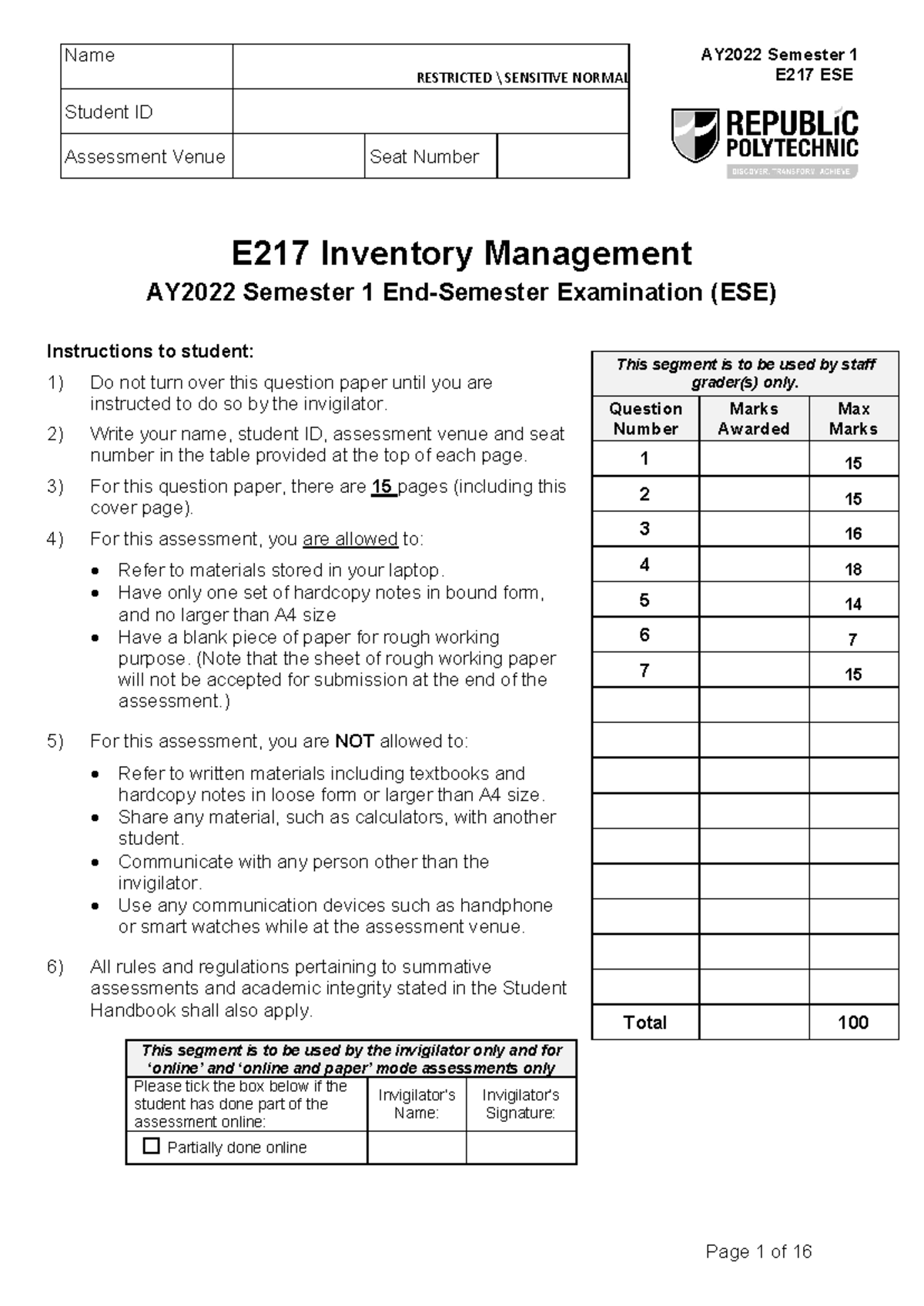 AY 2022 Sem 1 E217 ESE - ESE - Name AY20 22 Semester 1 E217 ESE Student ...