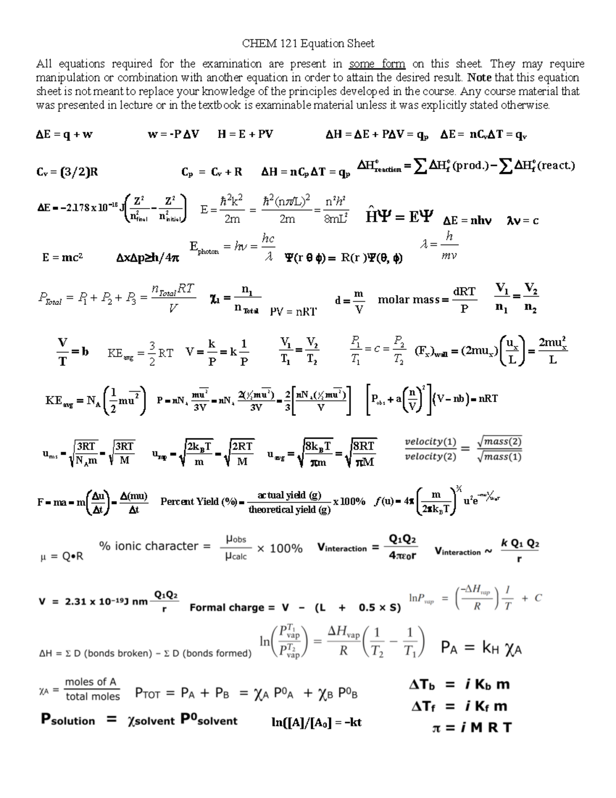 Formula sheet chem 2022 - CHEM 12 1 Equation Sheet All equations ...