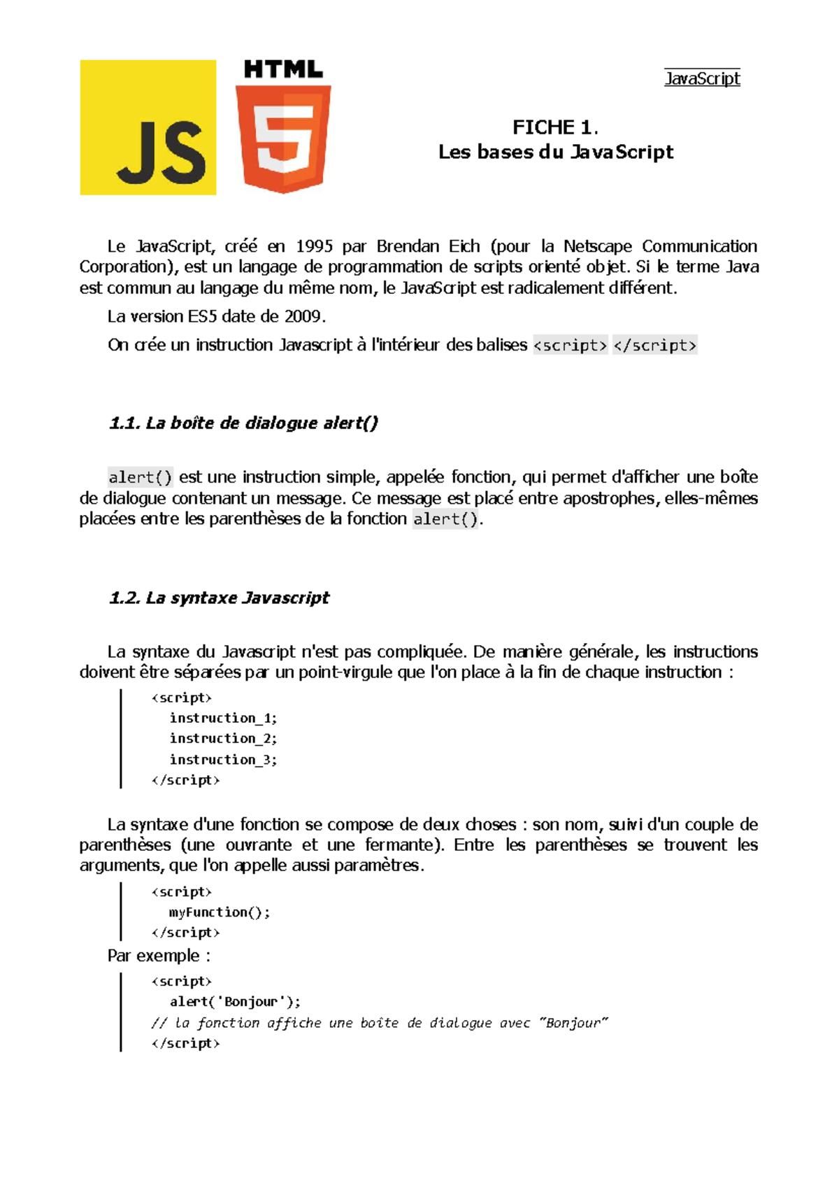 Billiejoe javascript fiches - Le JavaScript, créé en 1995 par Brendan ...