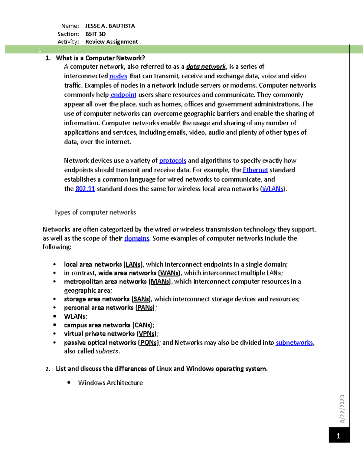 Assignment 1 - Activity - 8/22/ Section: BSIT 3D Activity: Review ...