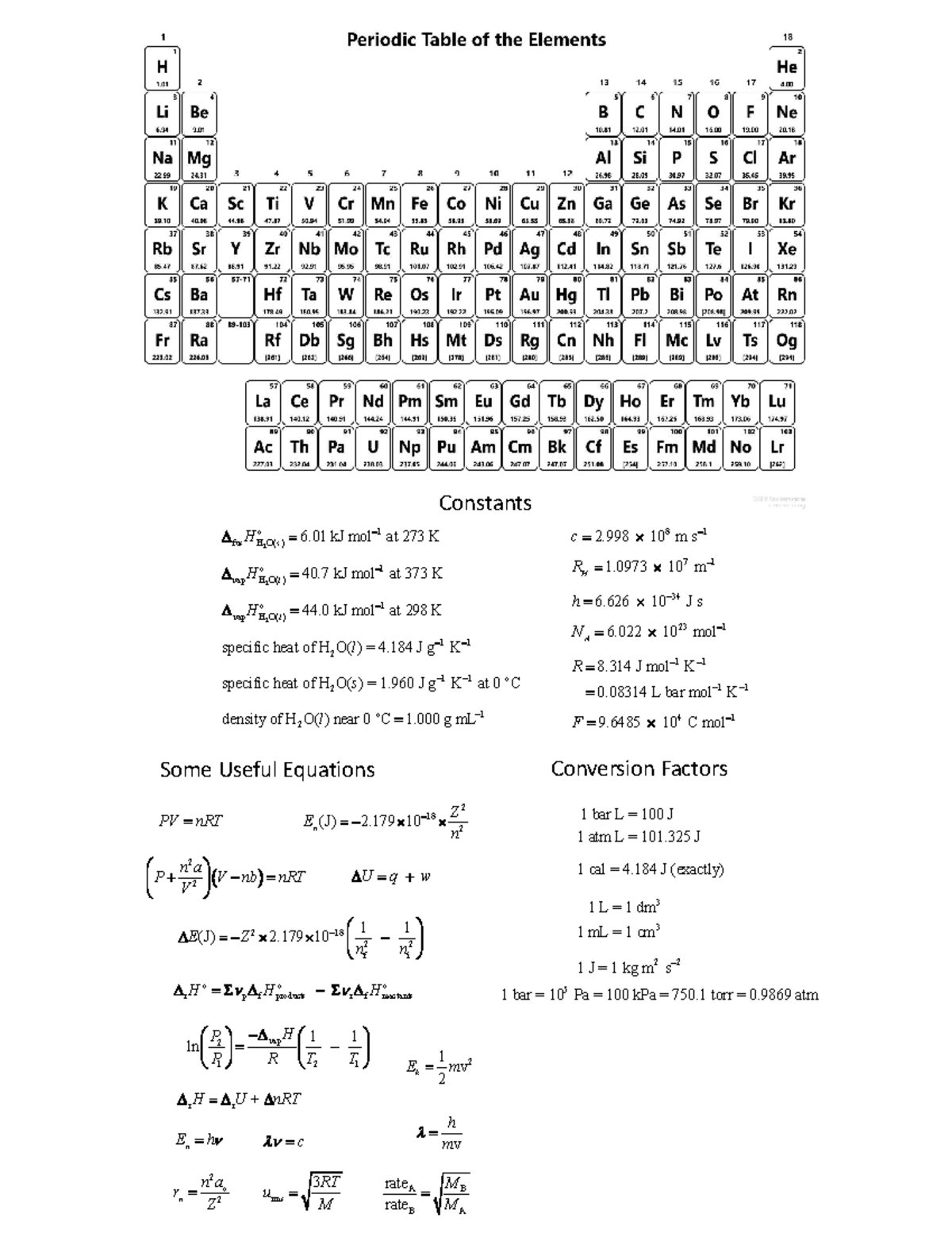 Periodic table (Chem 1050) - 2 o 1 fus HH O( )s 6 kJ mol at 273 K 2 o 1 ...