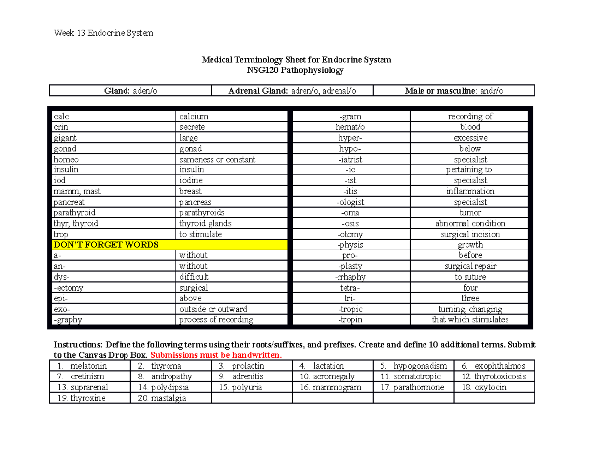Module 13 Medical Terminology Sheet for Endocrine System 2022 - Week 13 ...