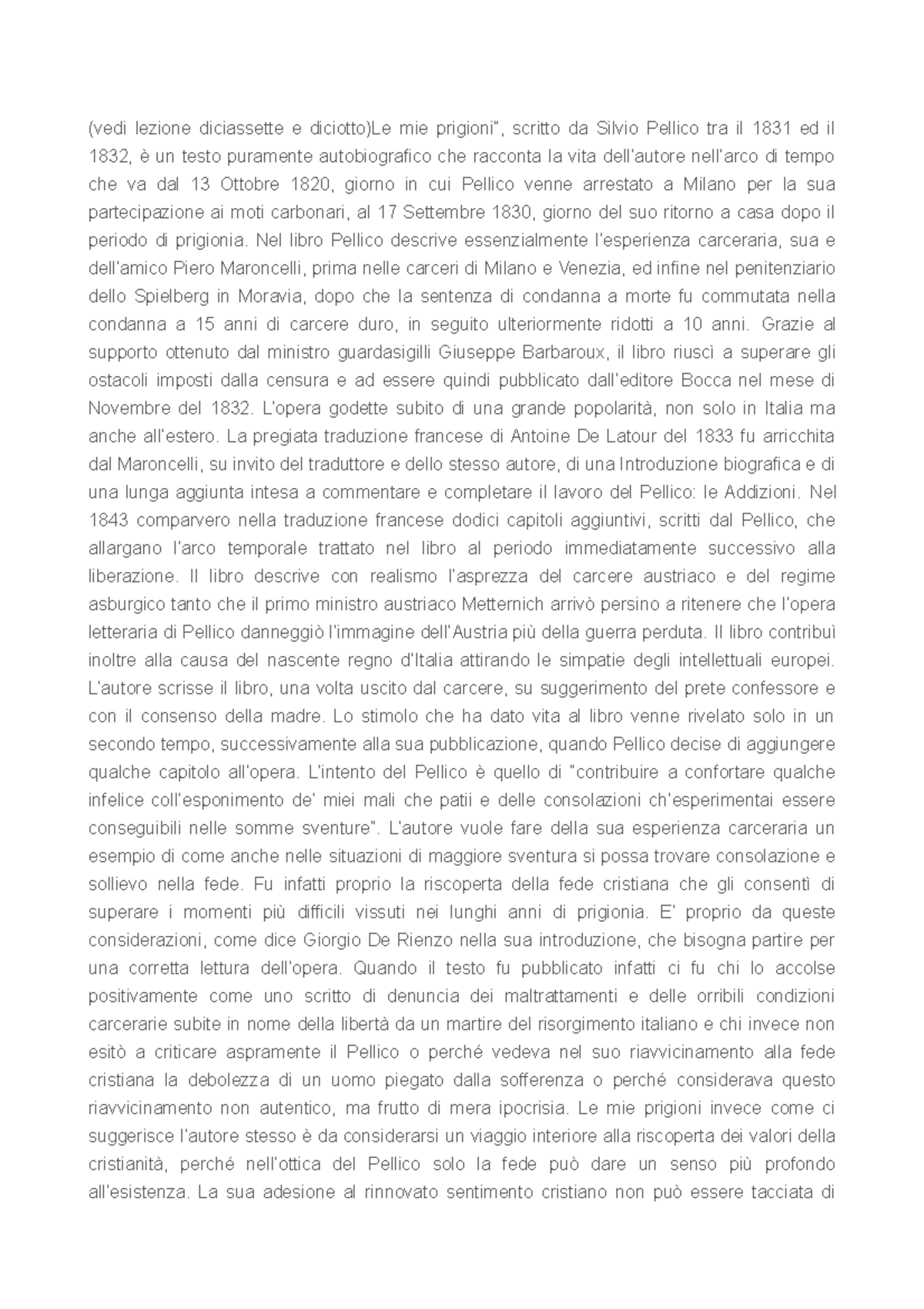 Riassunto di Le mie prigioni - (vedi lezione diciassette e diciotto)Le ...