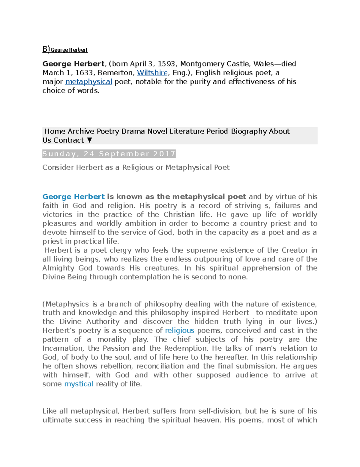Herbert and Marvell (metaphysical poet) - B)George Herbert George ...